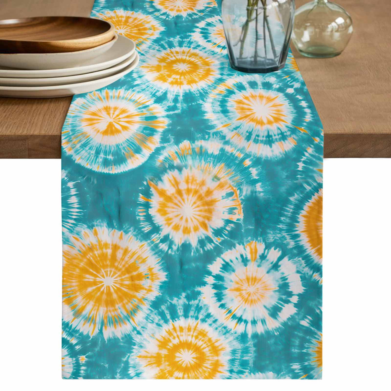 Tie-Dye Art Table Runner, Teal Yellow Watercolor Ethnic Style Abstract ...