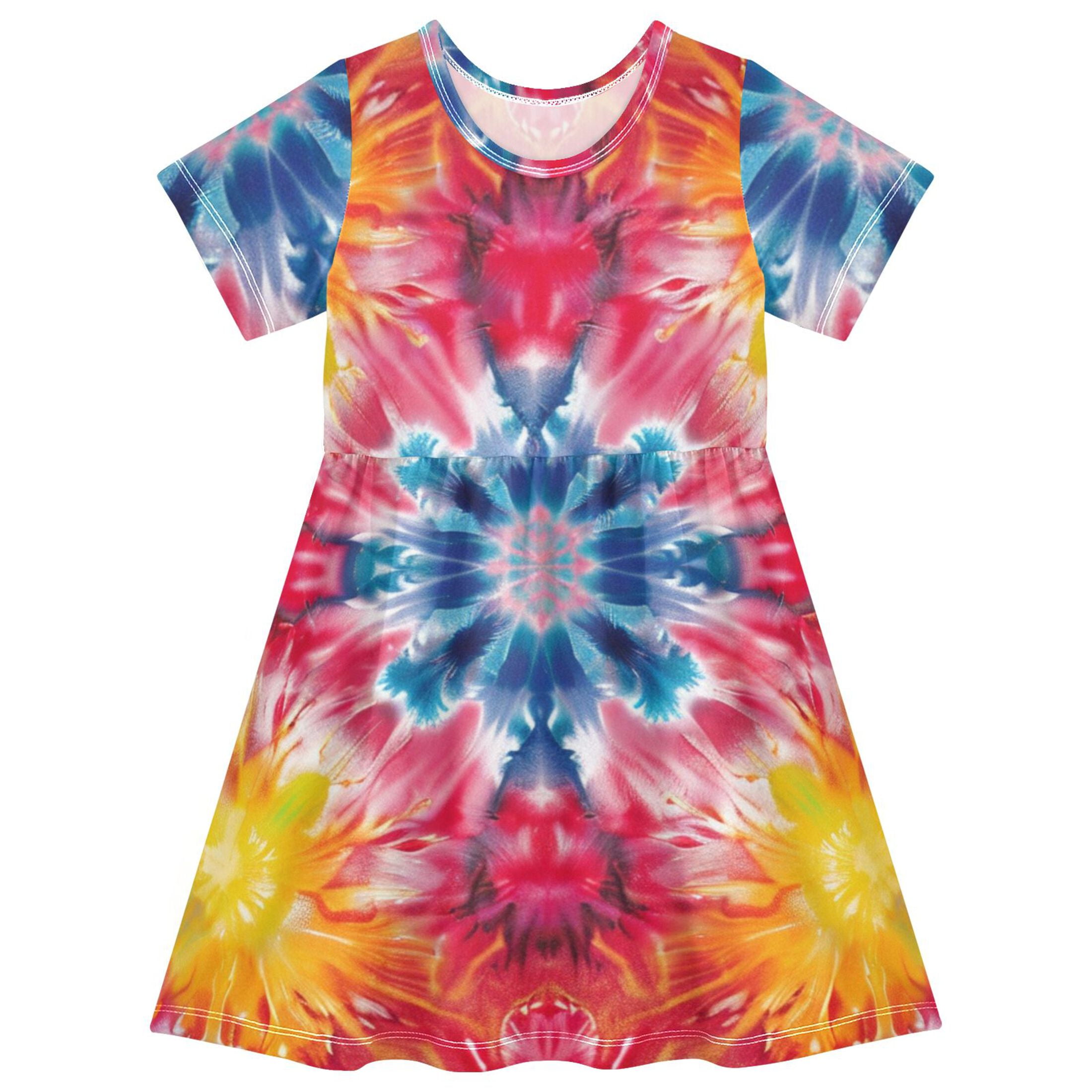 Tie Dye Flower Pattern Girls' Short Sleeve Dress A-Line One-Piece Dress ...
