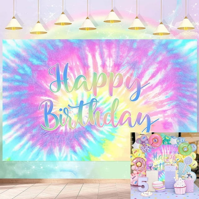 Tie Dye Happy Birthday Backdrop Macaron Pastel Girls Birthday ...