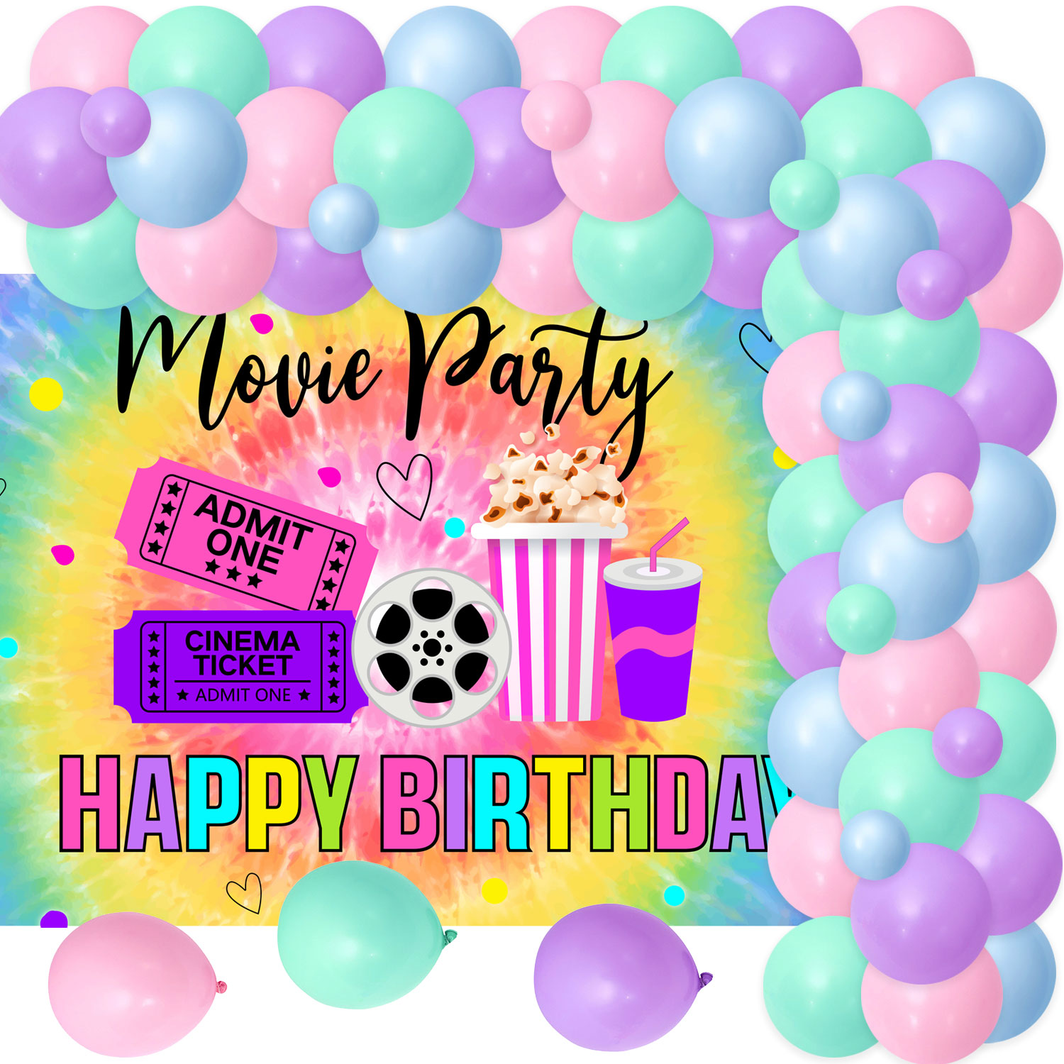Tie Dye Movie Night Birthday Balloon Arch Kit with Movie Night Backdrop ...