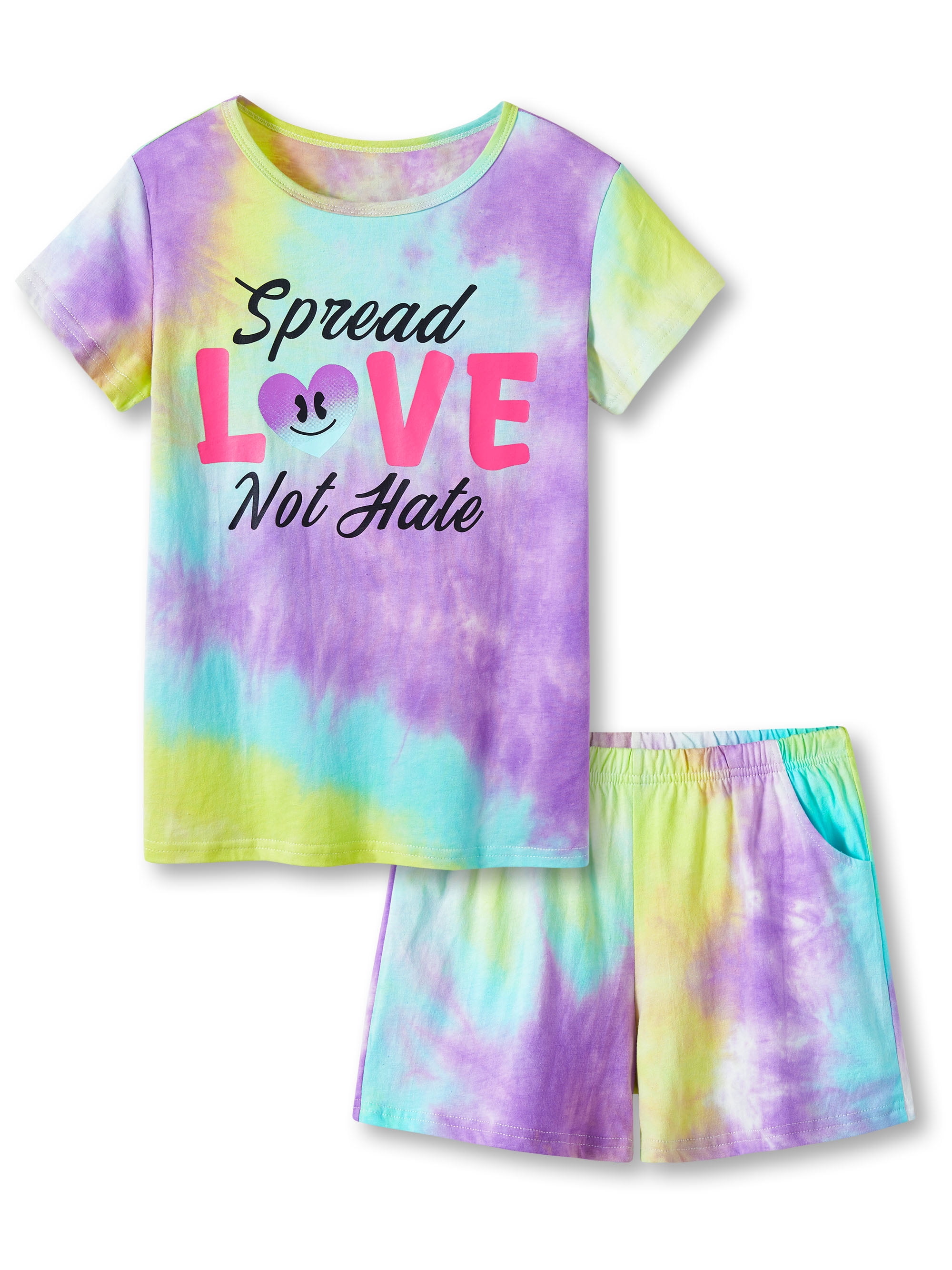 Tie Dye Pajamas for Girls Soft 100% Cotton Smiling Face & Heart Short PJ Set Size 12 - Walmart.com