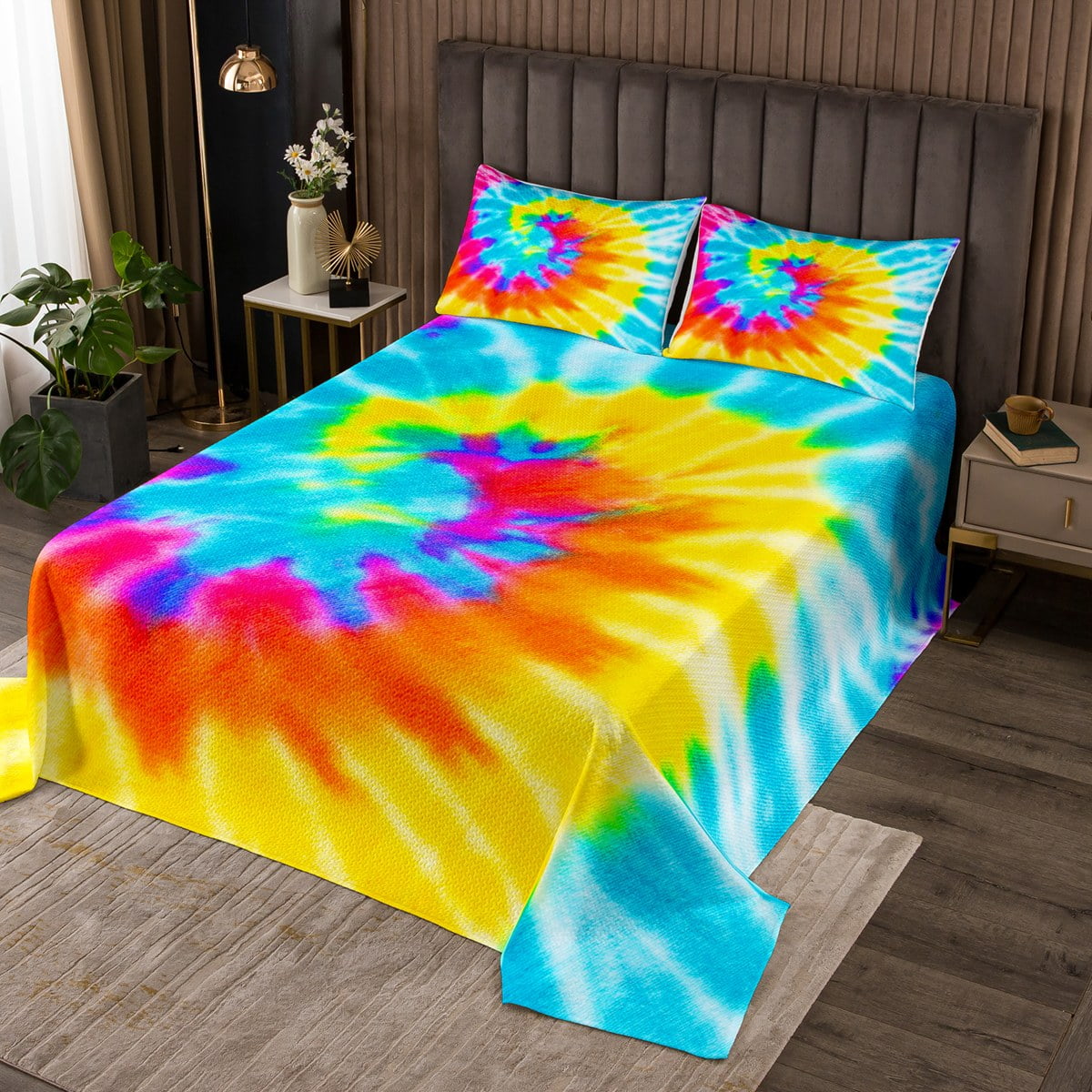 Tie Dye Quilt Set Teal Yellow Orange Gradient Spiral Swirls Rainbow ...