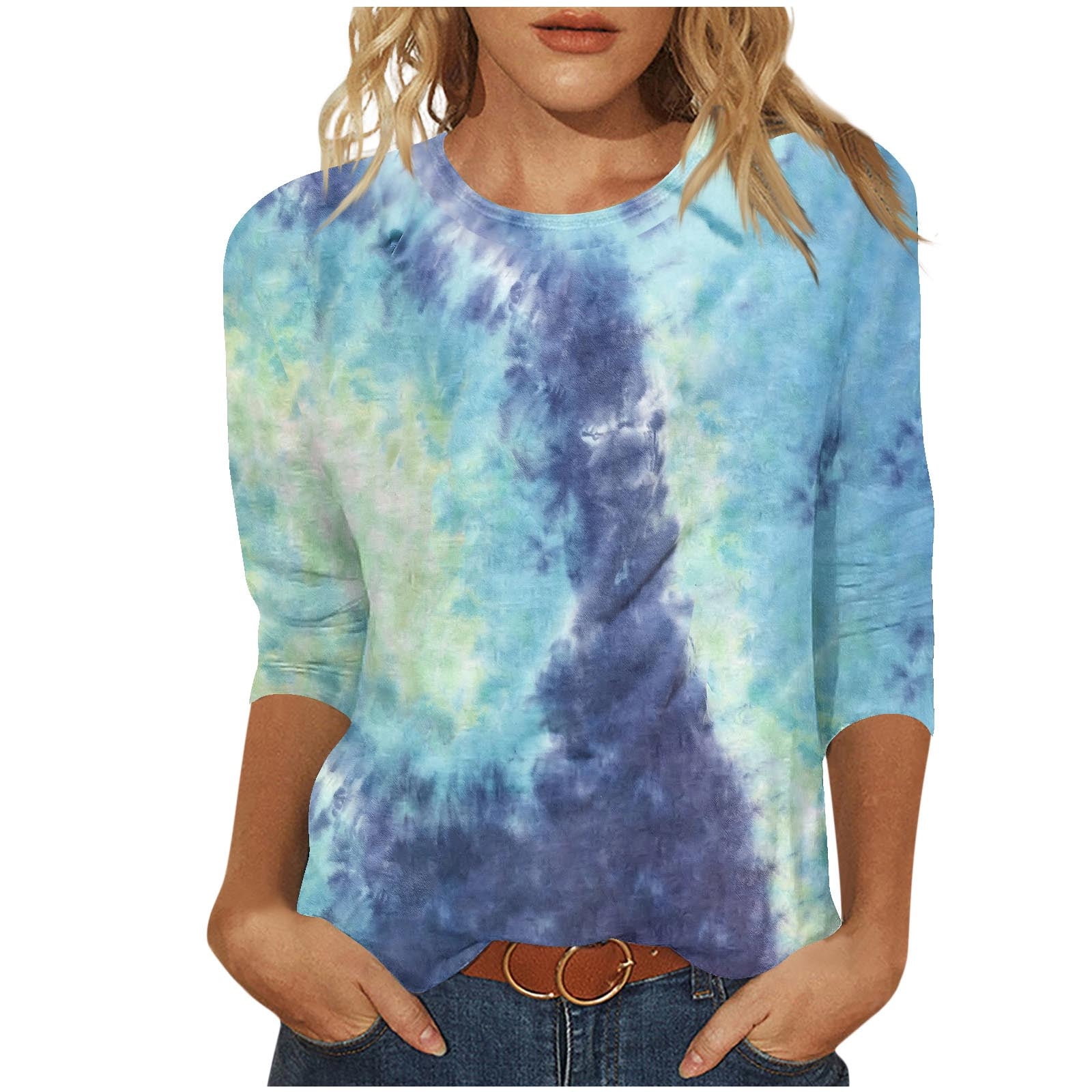 Tie Dye Shirts Womens Tops 3/4 Length Sleeve Blouses Casual Three Quarter Sleeve Tshirt Loose ...