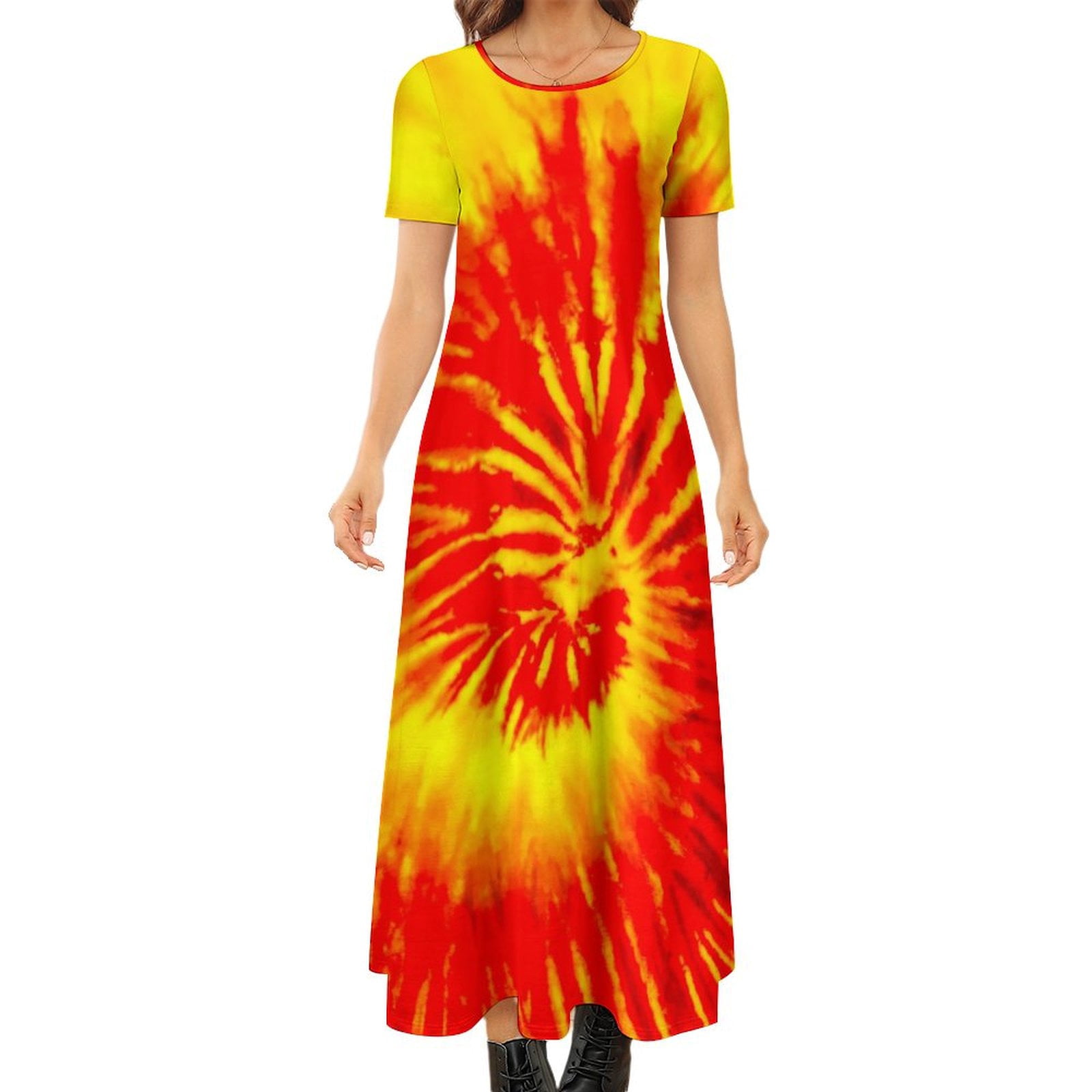 Tie Dye Swirl Dress Blue Shades Maxi Dress Short Sleeve Street Fashion ...