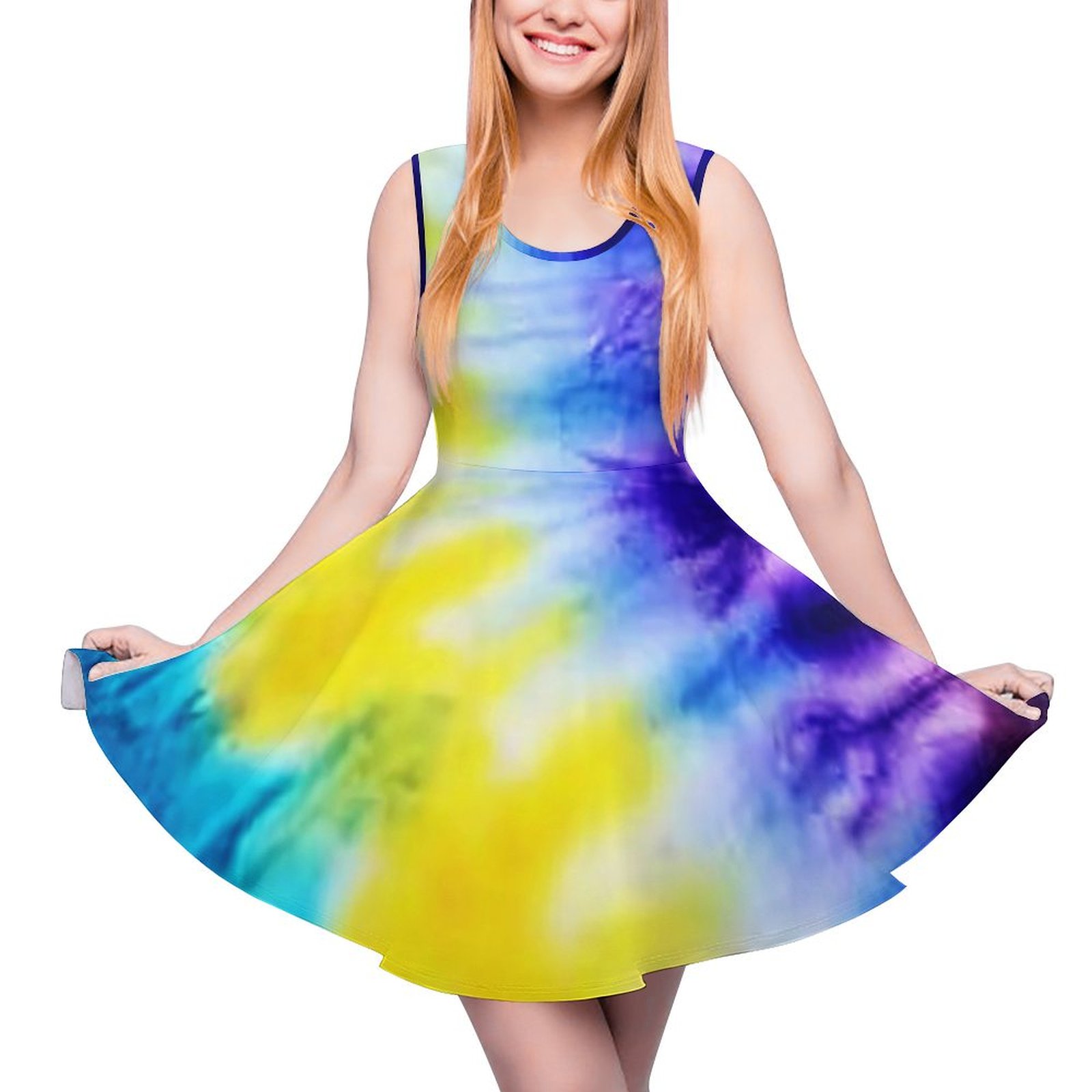Tie Dye Swirl Dress High Waist Blue Shades Casual Dresses Summer Womens ...
