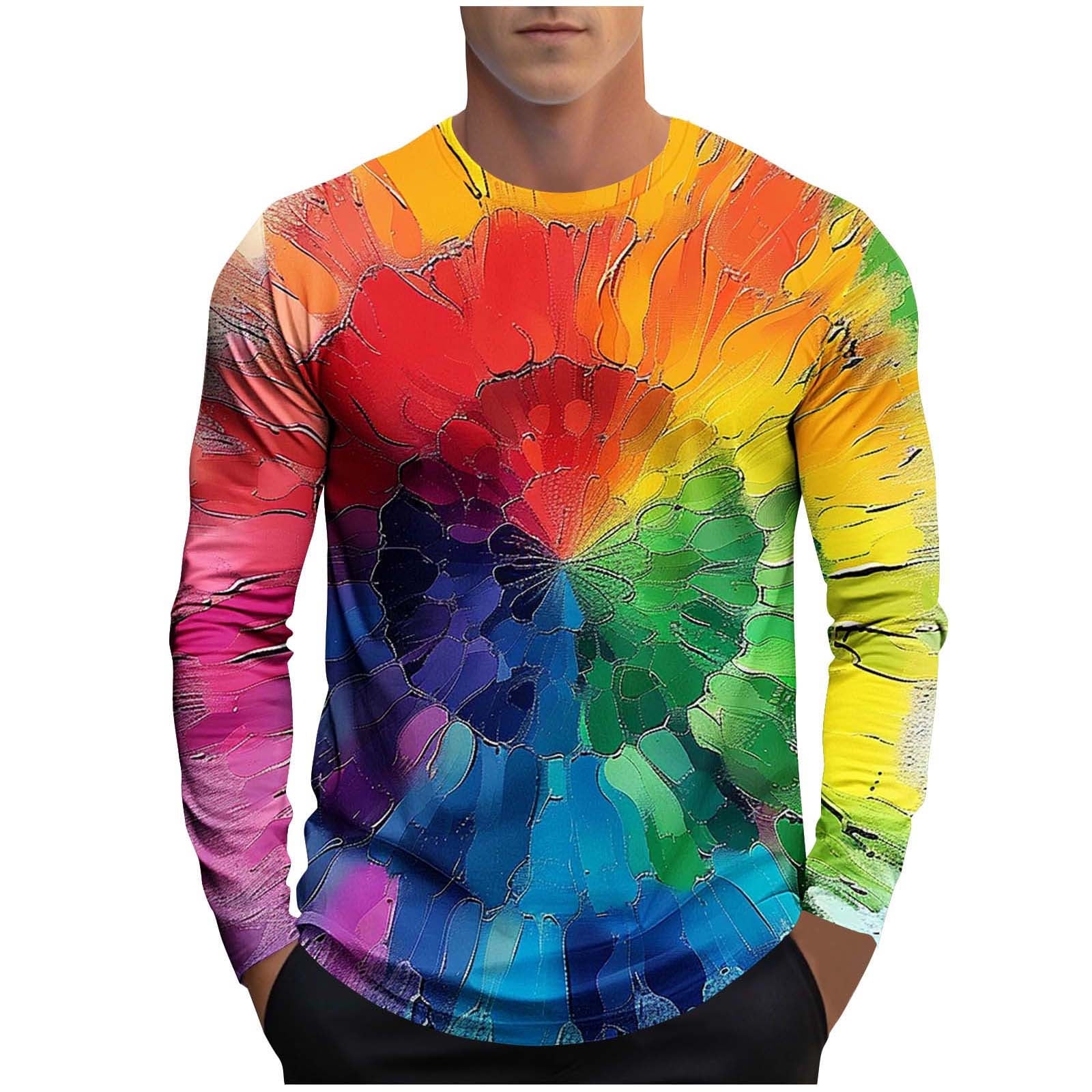 Tie Dye Tops Mens Long Sleeve Graphic T-Shirts Slim Fit Crew Neck ...