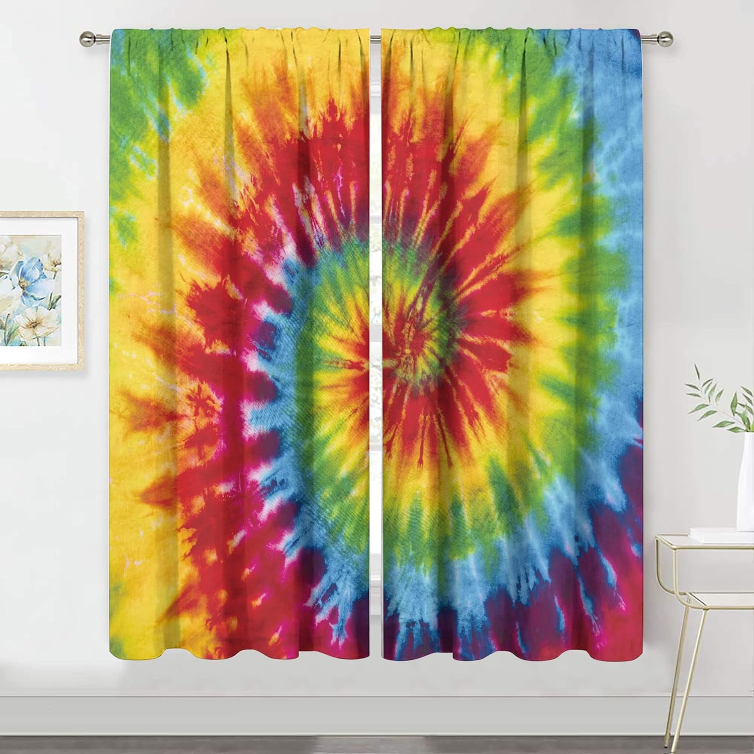 Tie Dye Trippy Curtains Rainbow for Bedroom 2 Panels 42W x 63H Inch Rod ...