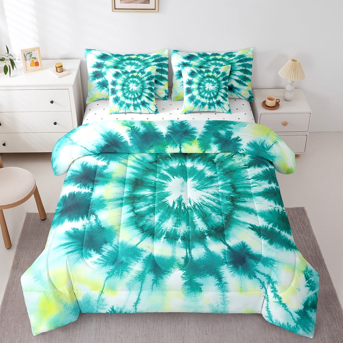 Tie Dye Twin Comforter Set 7 Piece,Teal Yellow Tie Dye Bed In A Bag ...