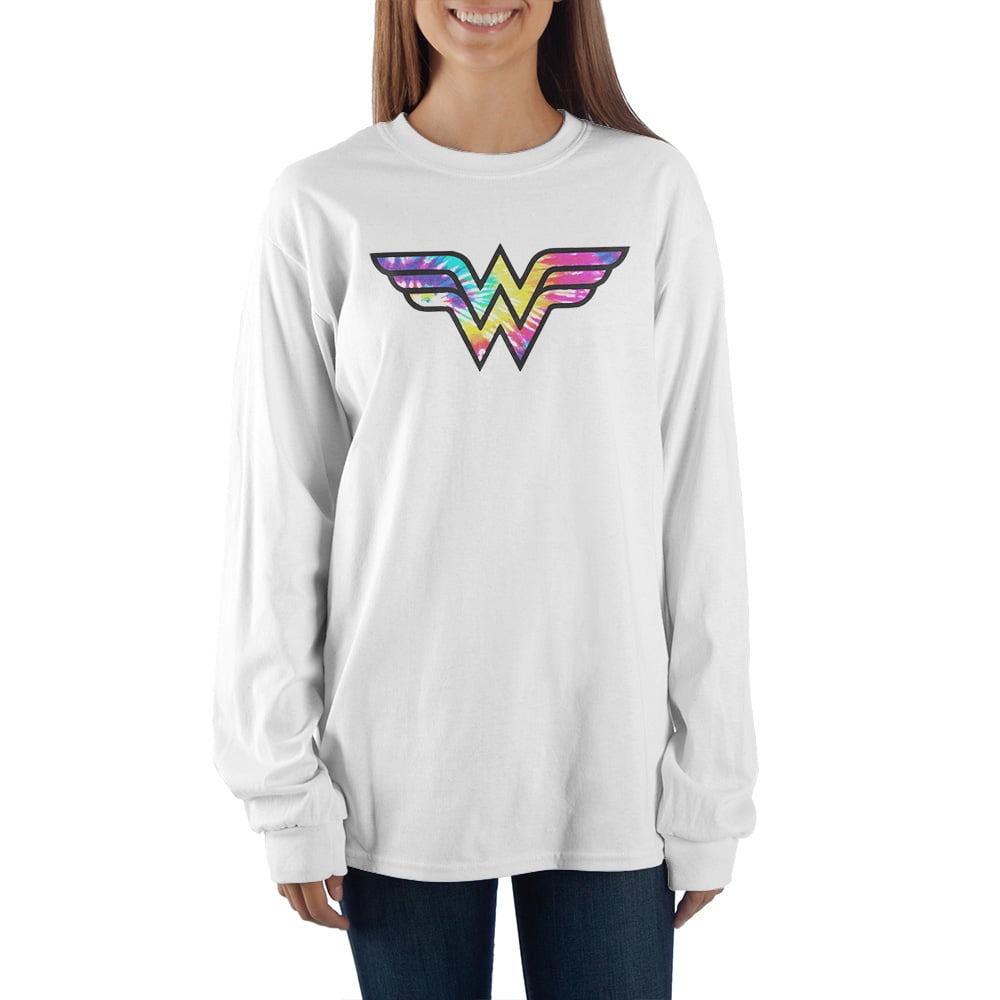 Tie Dye Wonder Woman Logo Superhero White Long Sleeve Graphic Tee-Large ...