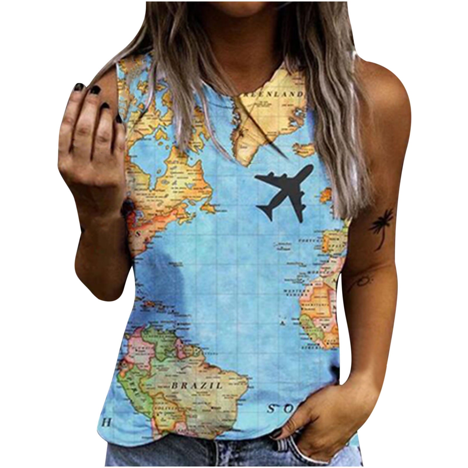 Tie Dye World Map Tank Tops for Women Funny Graphic Vest Casual Summer ...