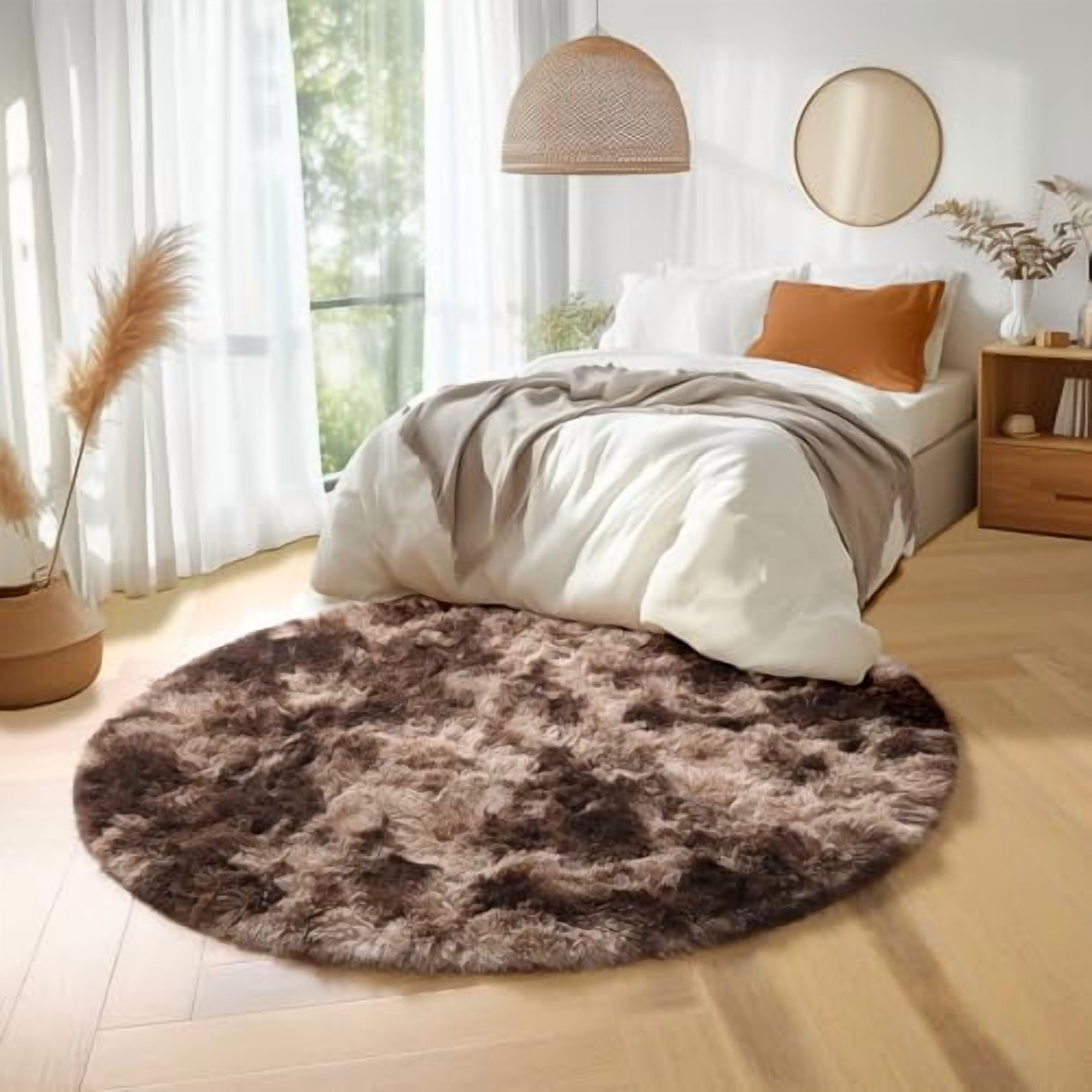 Tie-Dyed Brown Round Circle Rugs 5Ft for Bedroom, Fluffy Shag Plush ...