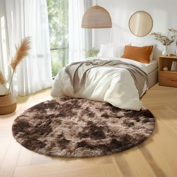 Tie-Dyed Brown Round Circle Rugs 5Ft for Bedroom, Fluffy Shag Plush ...