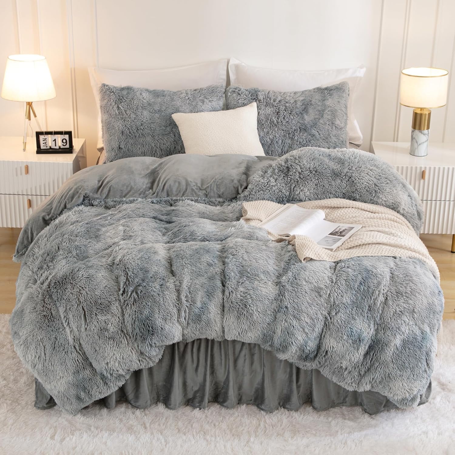 Tie-Dyed Grey White Comforter King Size, 3 Pieces Faux Fur Fluffy Fuzzy ...
