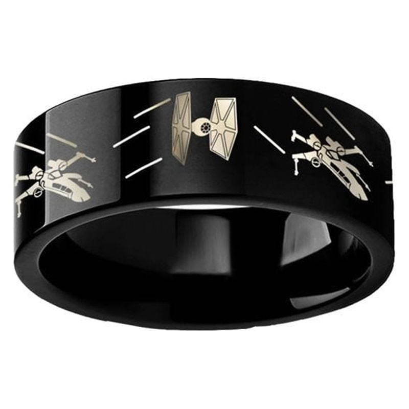 Tie Fighter X-Wing Design Black Tungsten Engraved Ring - 4mm - Size 12 ...