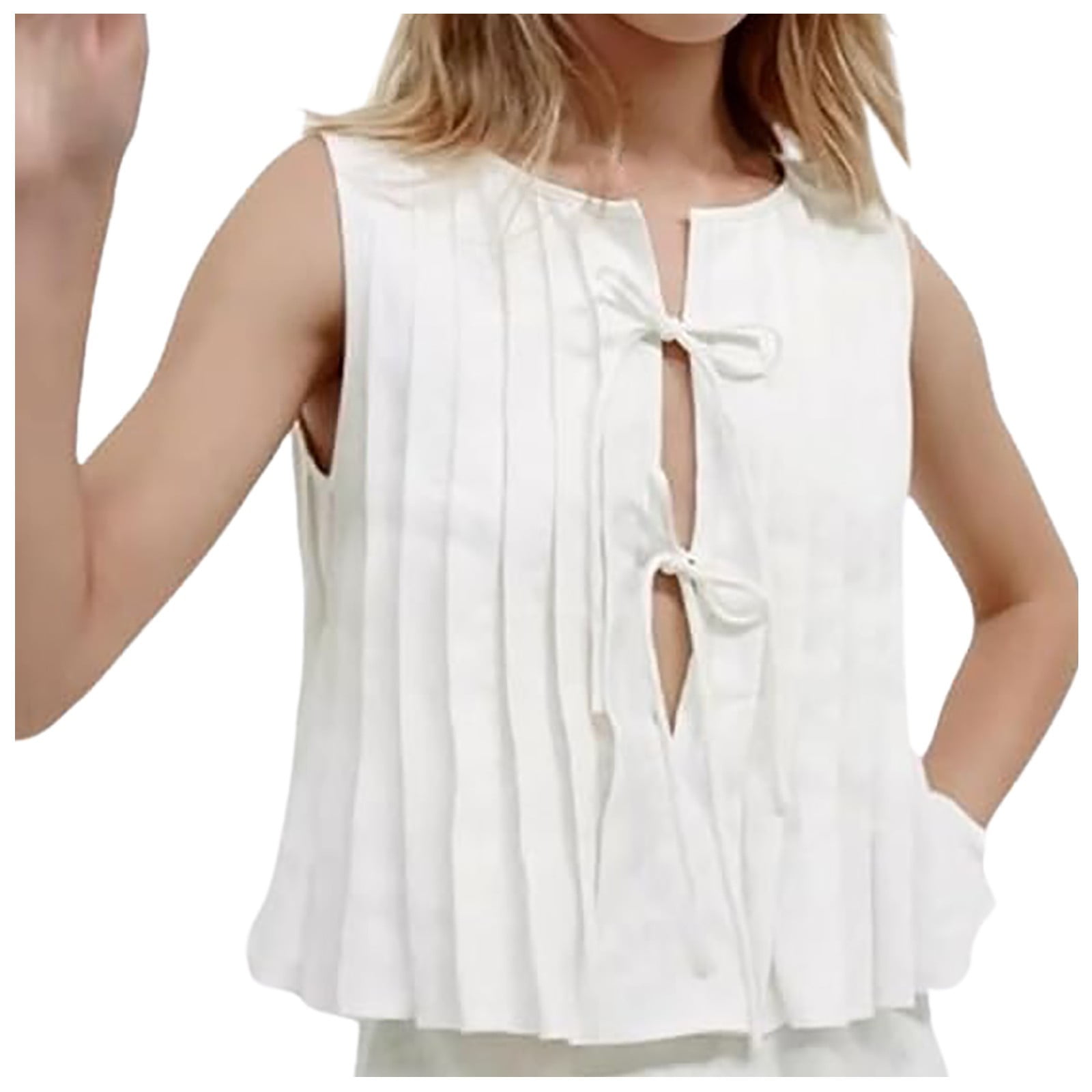Tie Front Tank Top Ruffle Shirt Women Sleeveless Pleated Shirts Casual ...