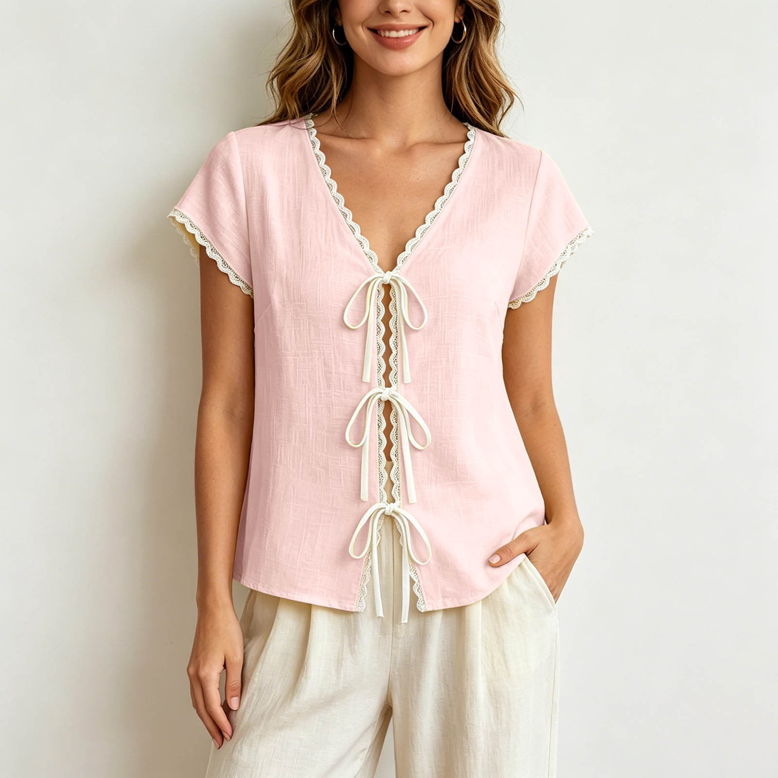 Tie Front Tops for Women, V Neck Short Sleeve Cute Summer Trendy 2026 ...