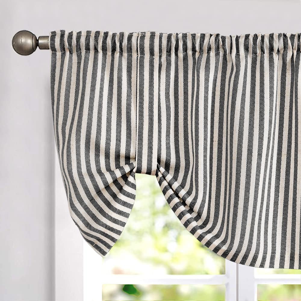 Tie Up Linen Textured Striped Tie Curtain for Kitchen Bathroom Rod ...