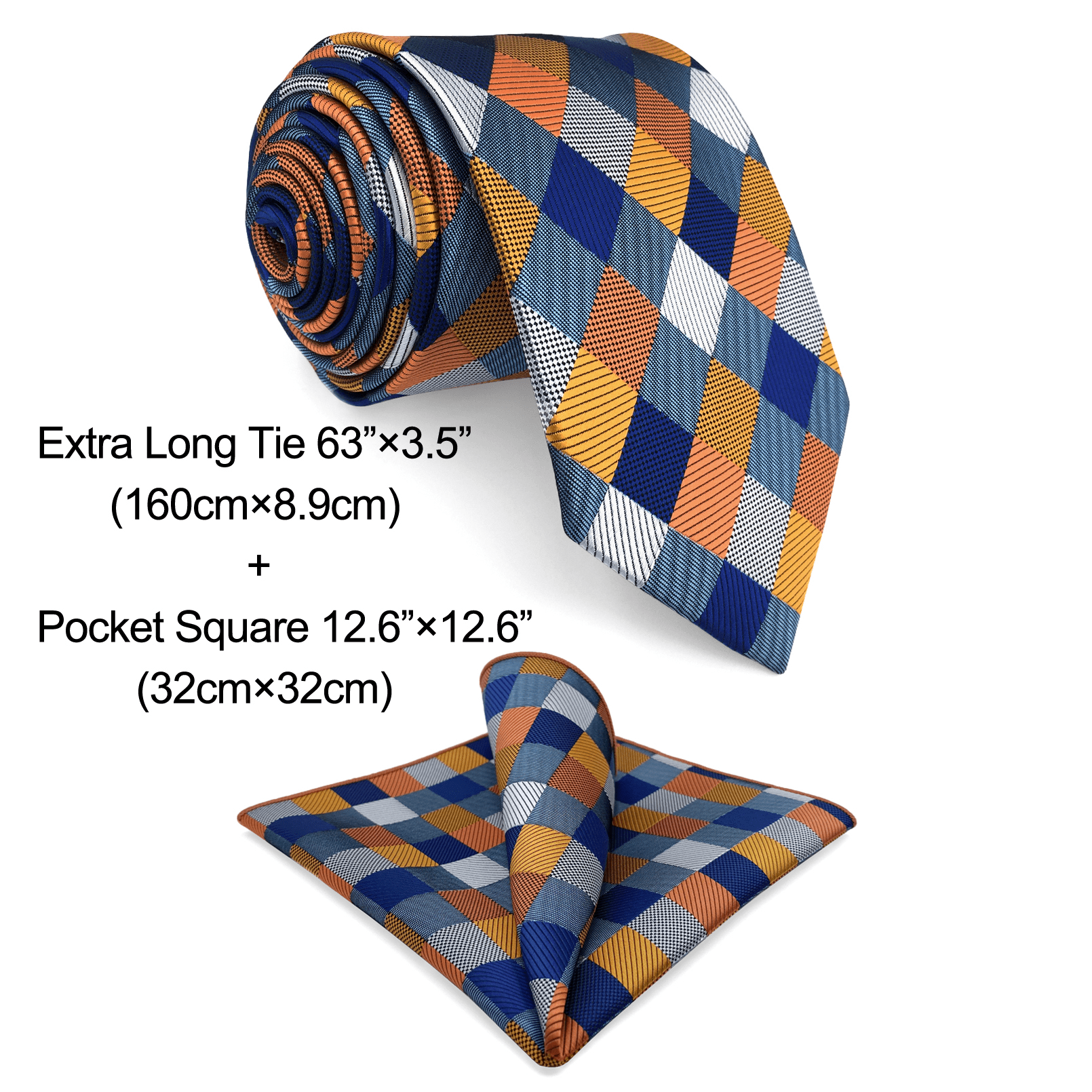 Tie Sets for Men Neckties Blue Orange Check Extra Long Size 63" with ...