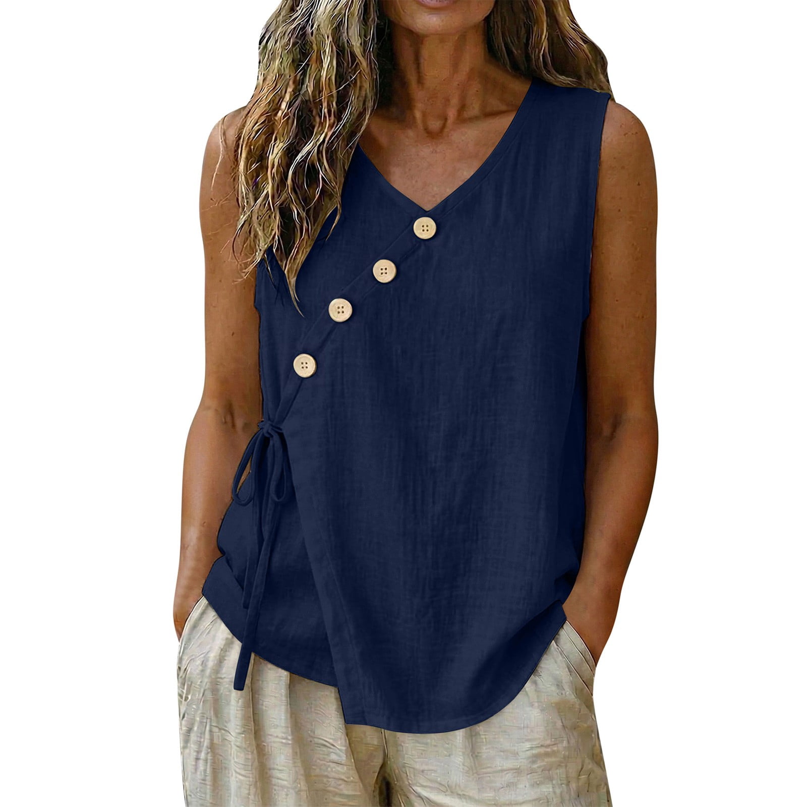 Tie Side Linen Tank Tops for Women V Neck Wrap Loose Tunic Blouse ...