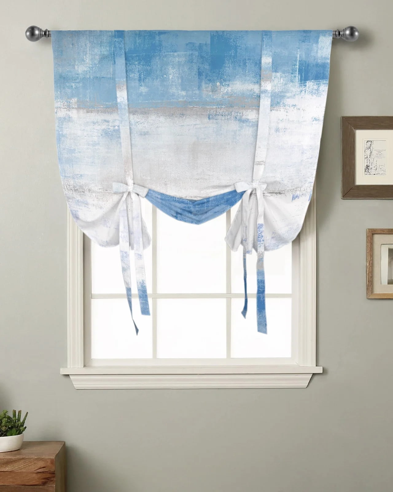 Tie Up Curtains Abstract Oil Painting Art Blue Kitchen Short Window ...