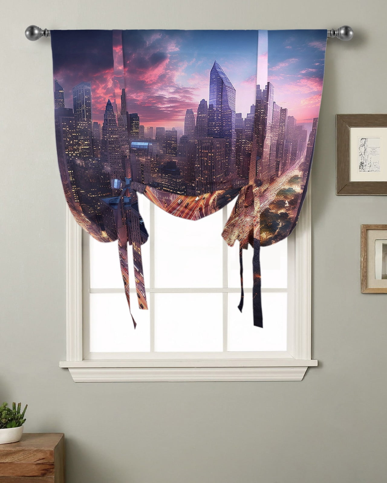 Tie Up Curtains City Street Sky Gradient High Building Kitchen Short ...