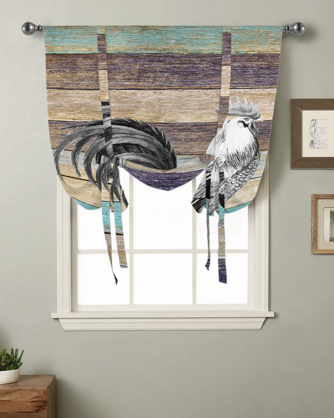 Tie Up Curtains Farm Animal Rooster Wood Grain Kitchen Short Window ...