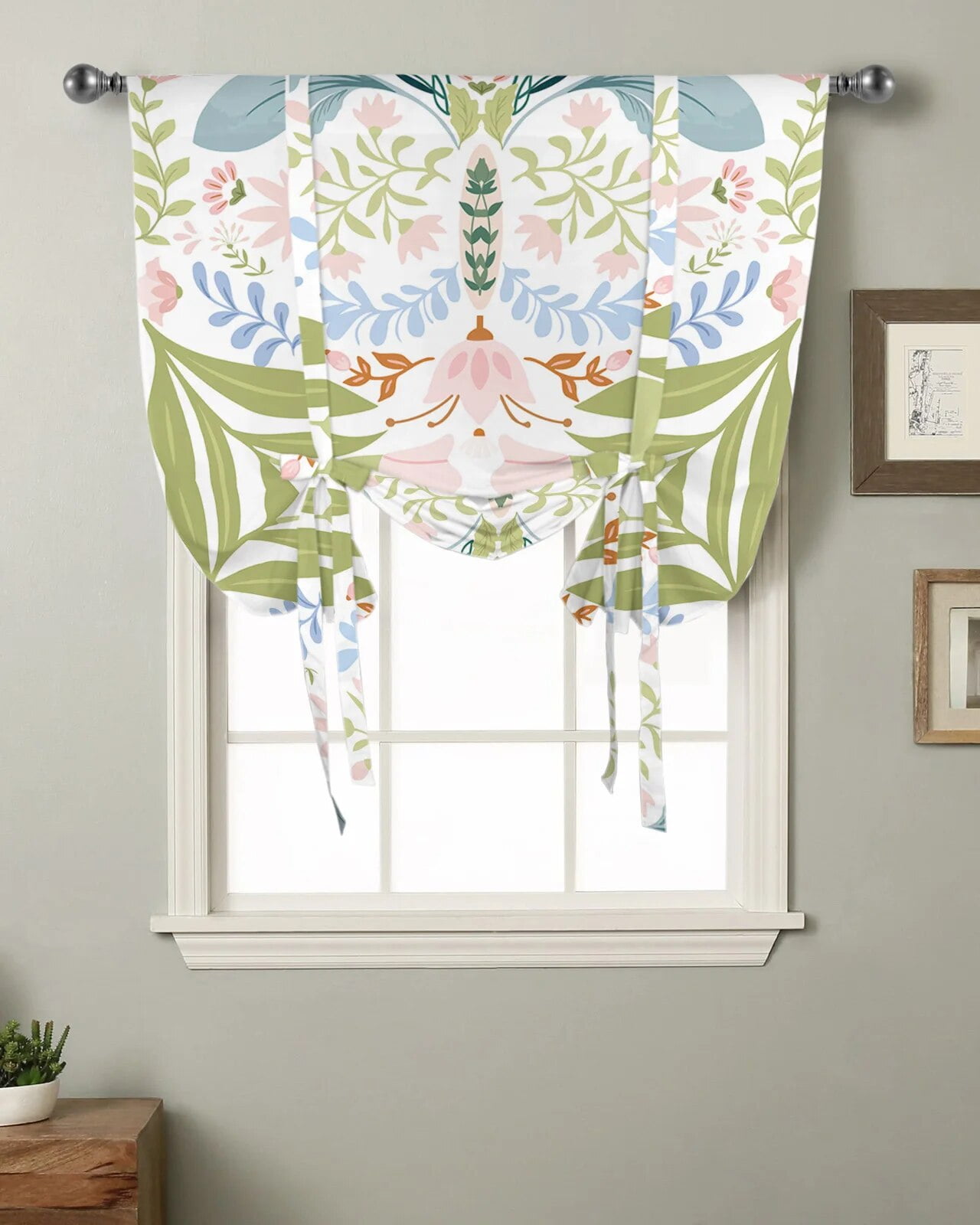 Tie Up Curtains Flower Leaf Line Hand Drawn Kitchen Short Window ...