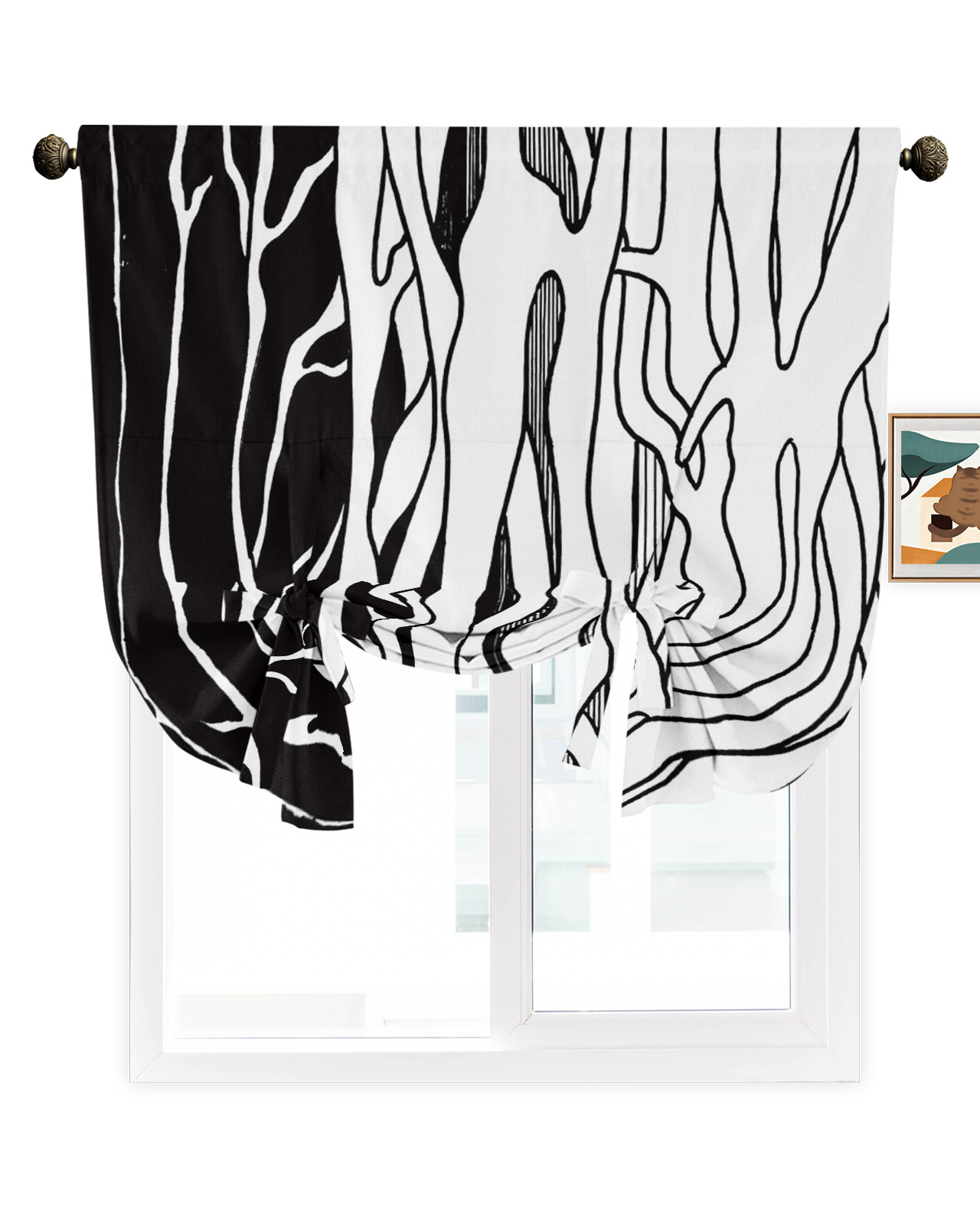 Tie Up Curtains Tie Up Window Shade, Lines Hand-Painted Botanical Art Minimal Black and White ...