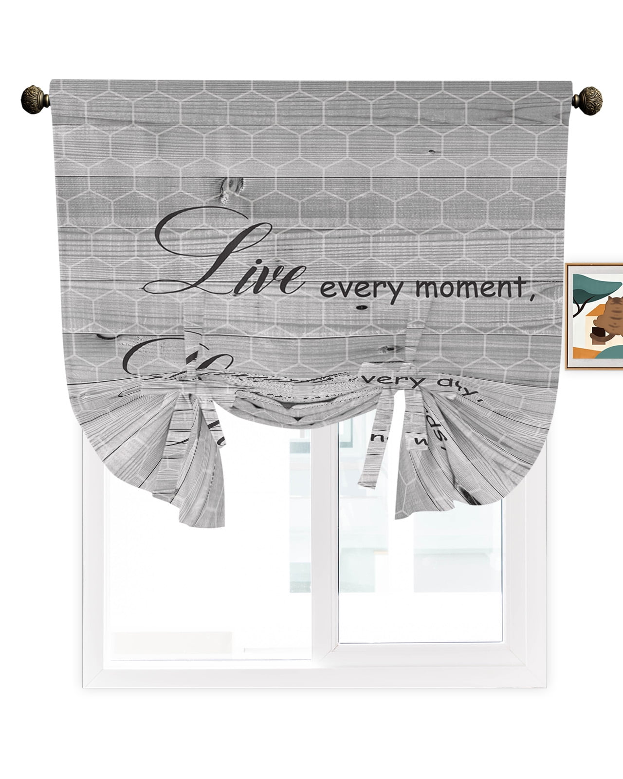 Tie Up Curtains Tie Up Window Shade, Positive Quotes Retro Grey Wood ...
