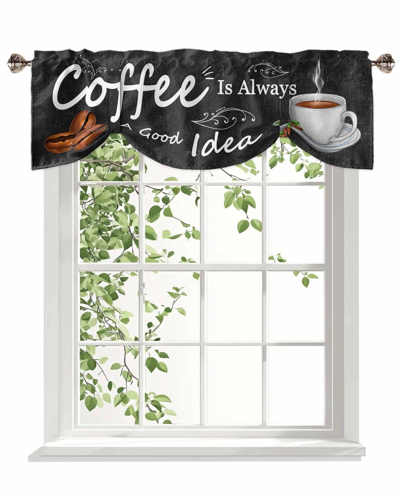 Tie Up Valance Curtain for Kitchen, Coffee Bean Cup Cafe Drink on Black ...