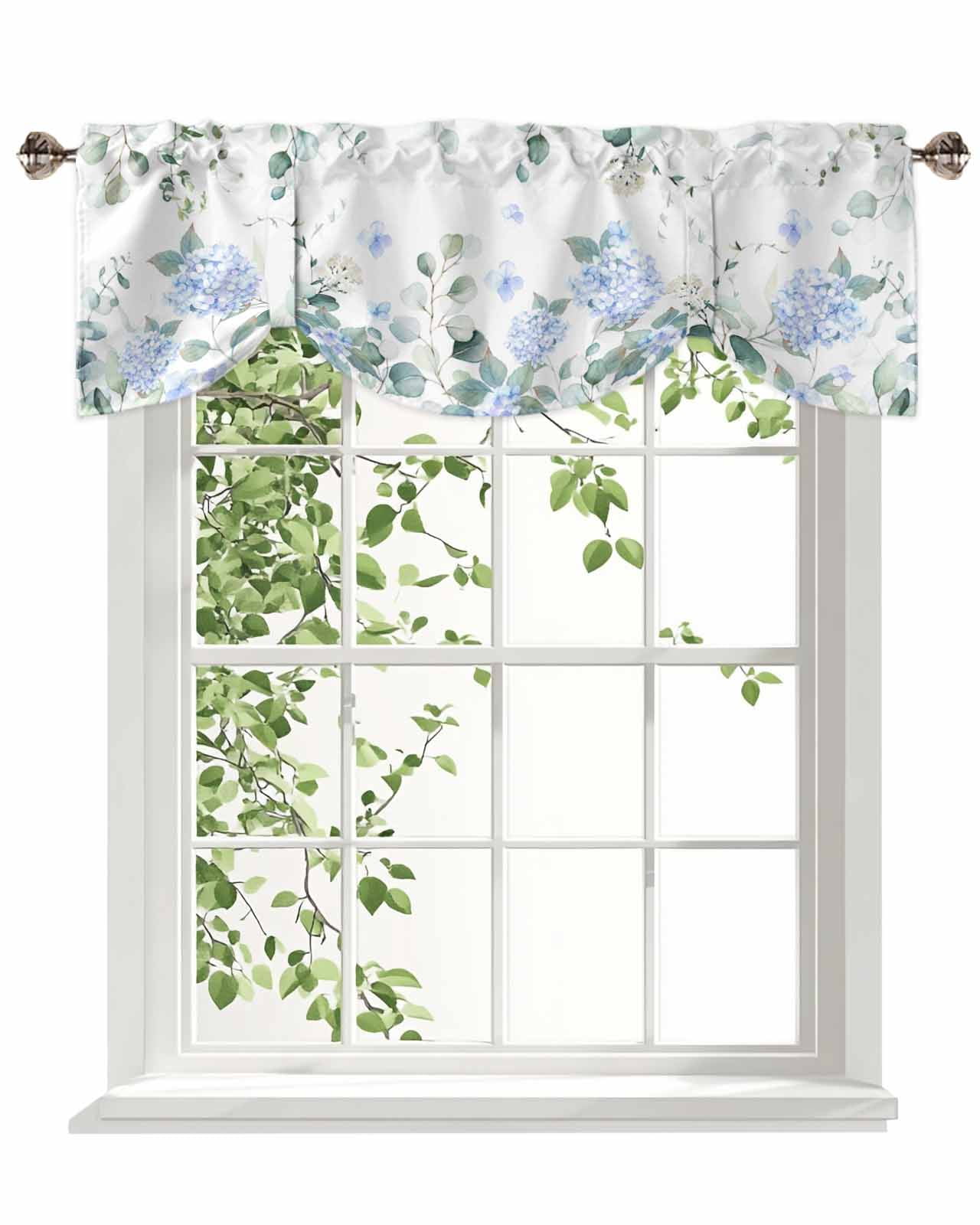 Tie Up Valance Curtain for Kitchen, Green Eucalyptus Leaves Blue Flower ...