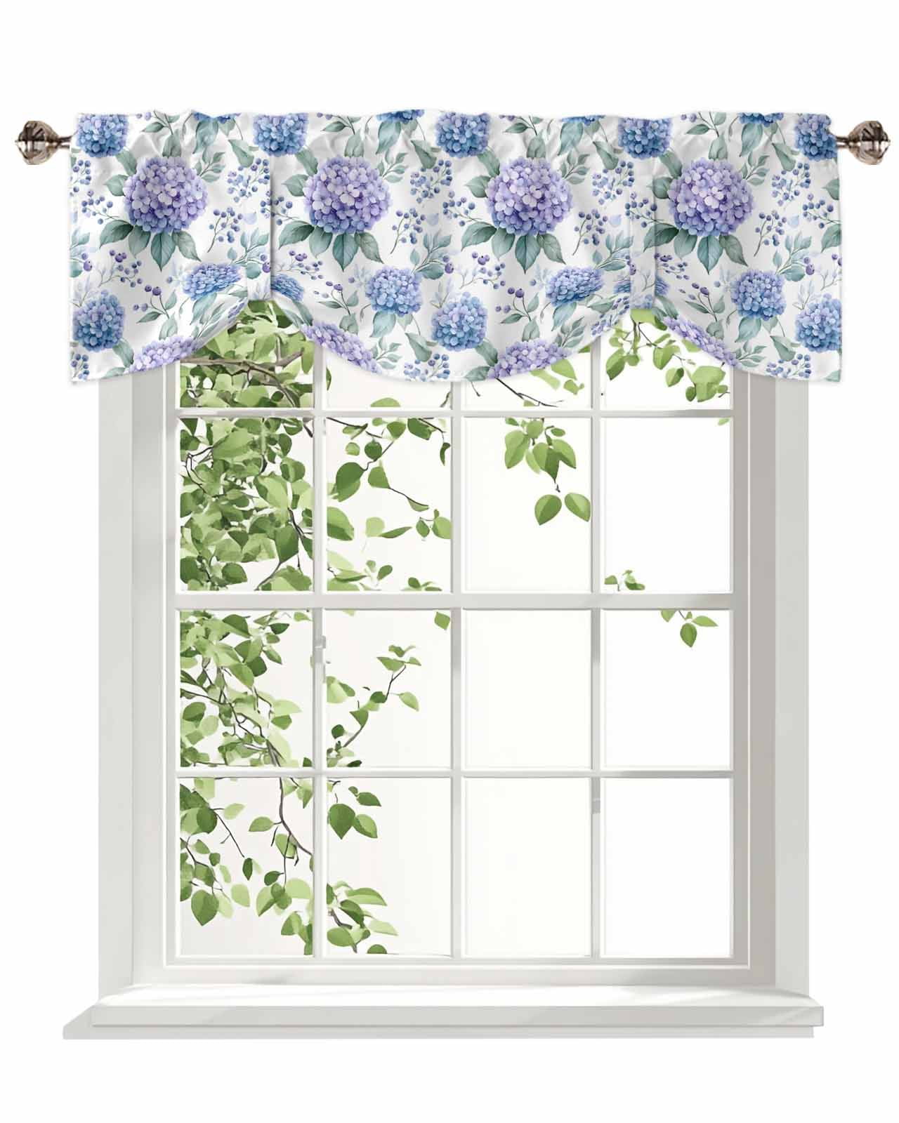 Tie Up Valance Curtain for Kitchen, Hydrangea Flower Eucalyptus Leaf Rod Pocket Short Curtains ...