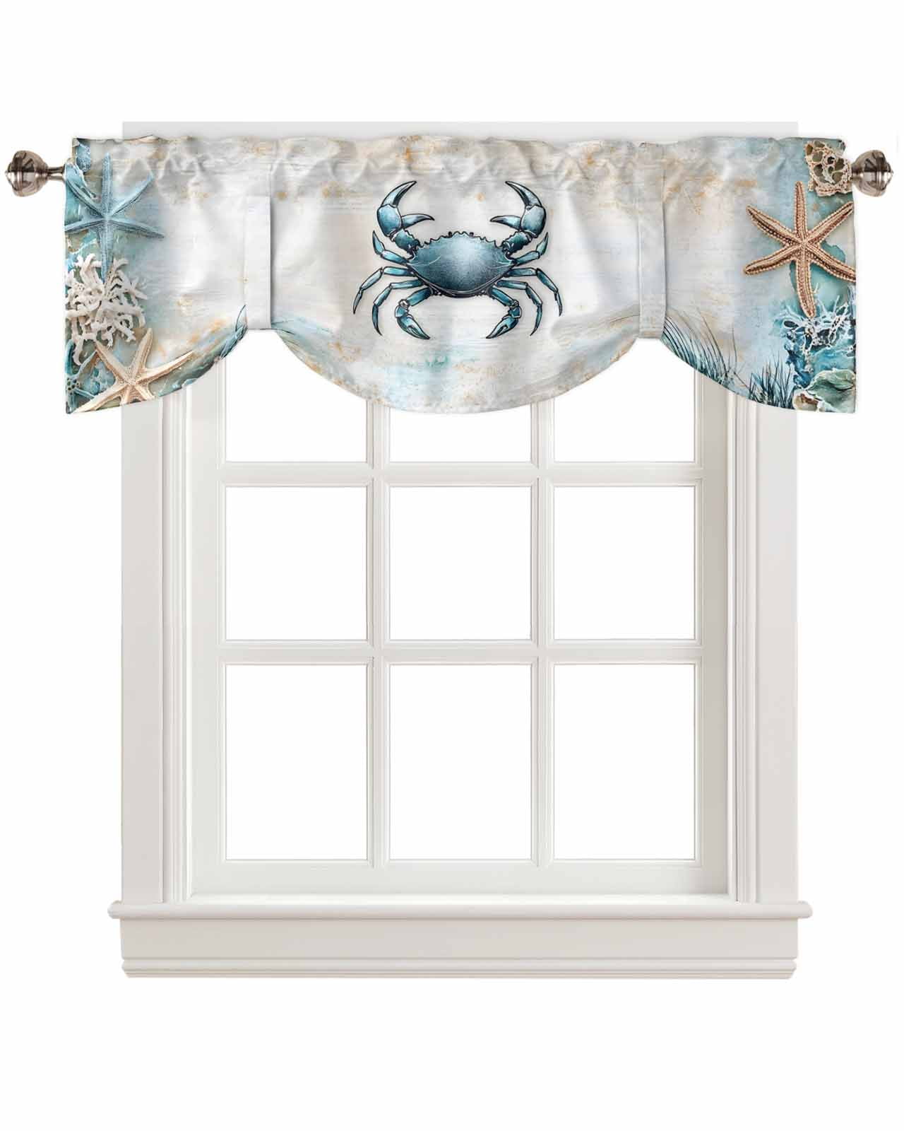 Tie Up Valance Curtain for Kitchen,Ocean Crabs Sea Stars Shell Rod ...