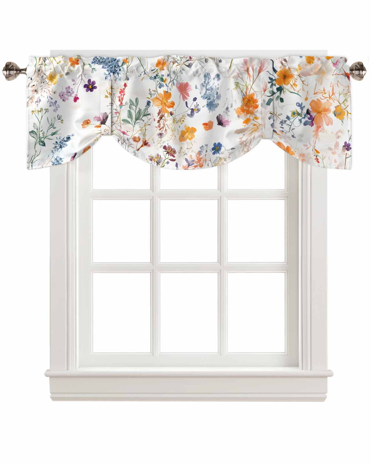 Tie Up Valance Curtain for Kitchen,Spring Orange Blue Flowers Botanical ...