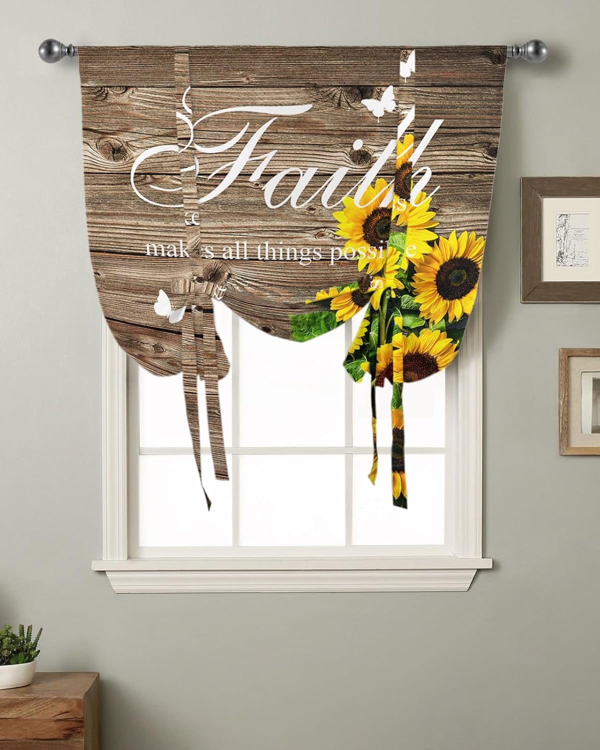 Tie Up Valance Curtains Positive Motto Farmhouse Sunflower Roman Balloon Curtains Valance for ...