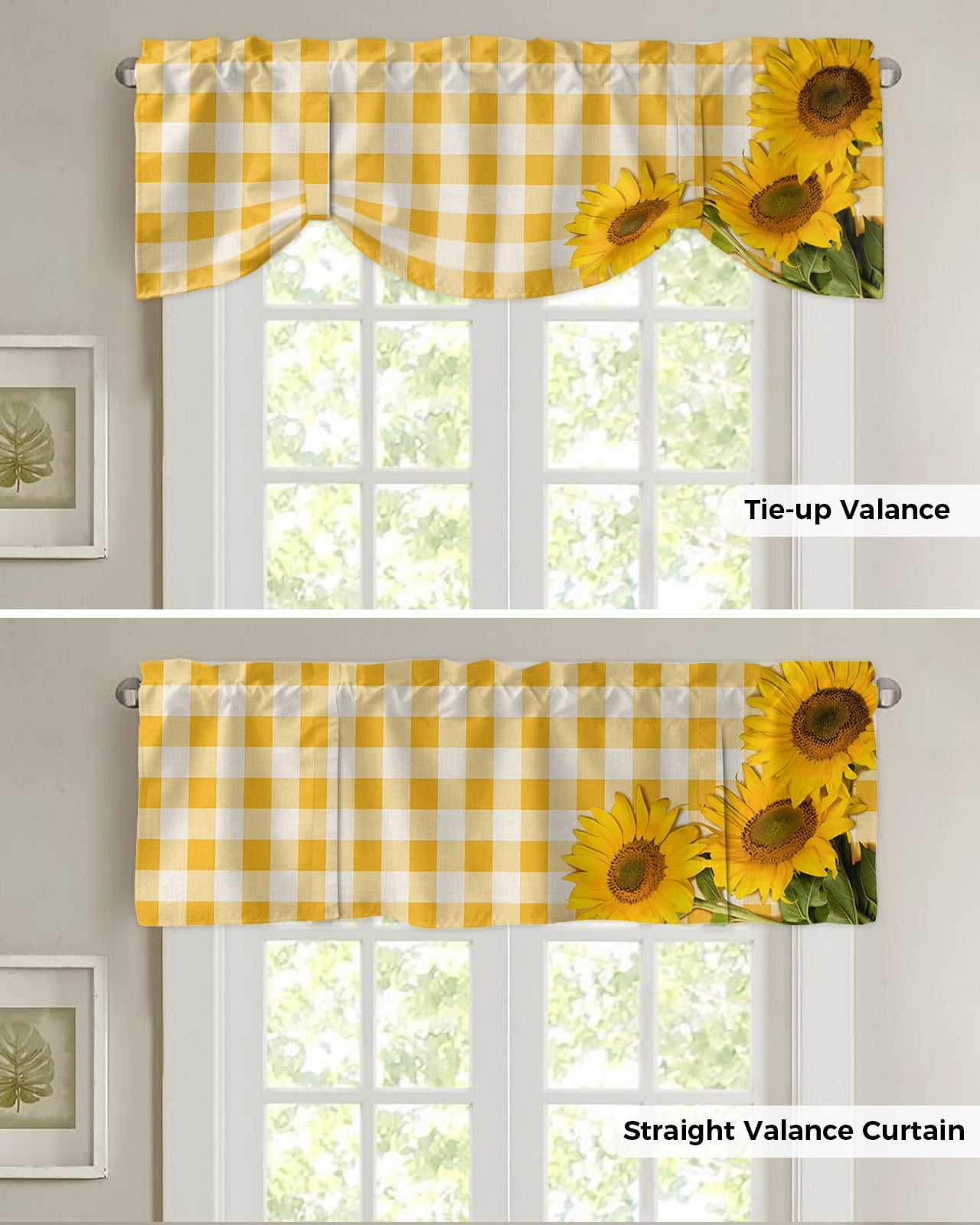 Tie Up Valance for Windows Pastoral Style Sunflower Yellow Lattice ...
