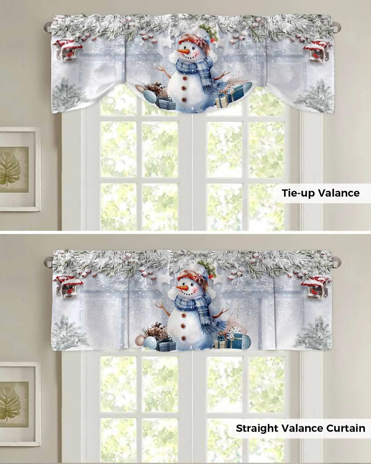 Tie Up Valance for Windows Snowman Christmas Tree Snowflake Wood Grain ...