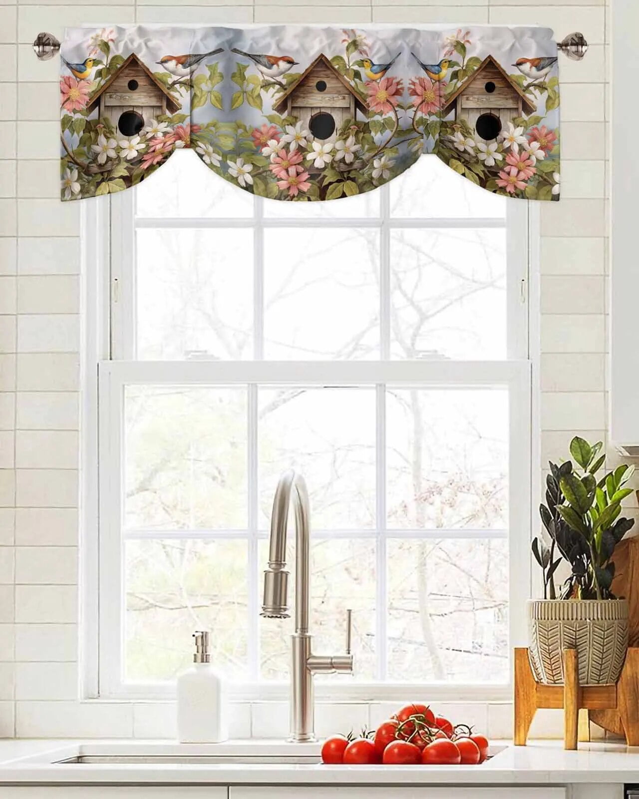 Tie Up Valance for Windows Spring Vintage Birdhouse Flowers Birds Short ...
