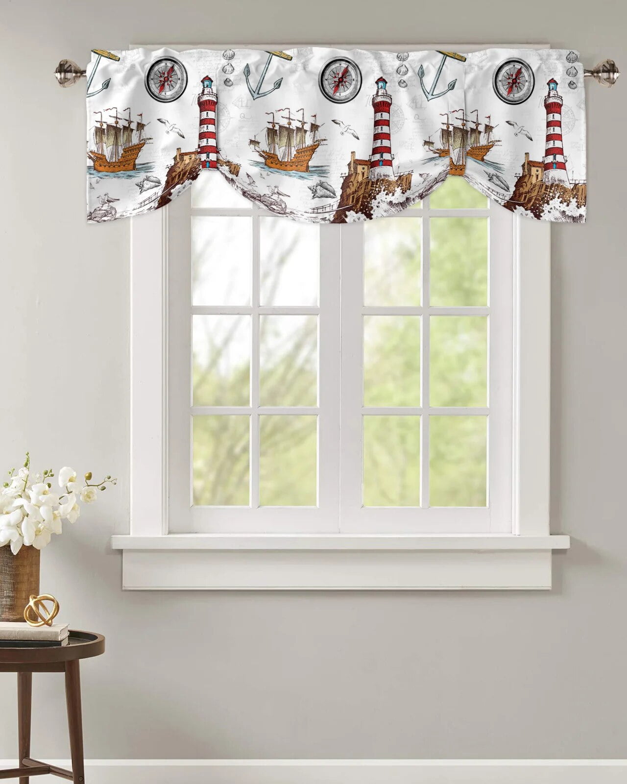 Tie Up Valance for Windows Ancient Lighthouse Sailing Ship Kitchen ...