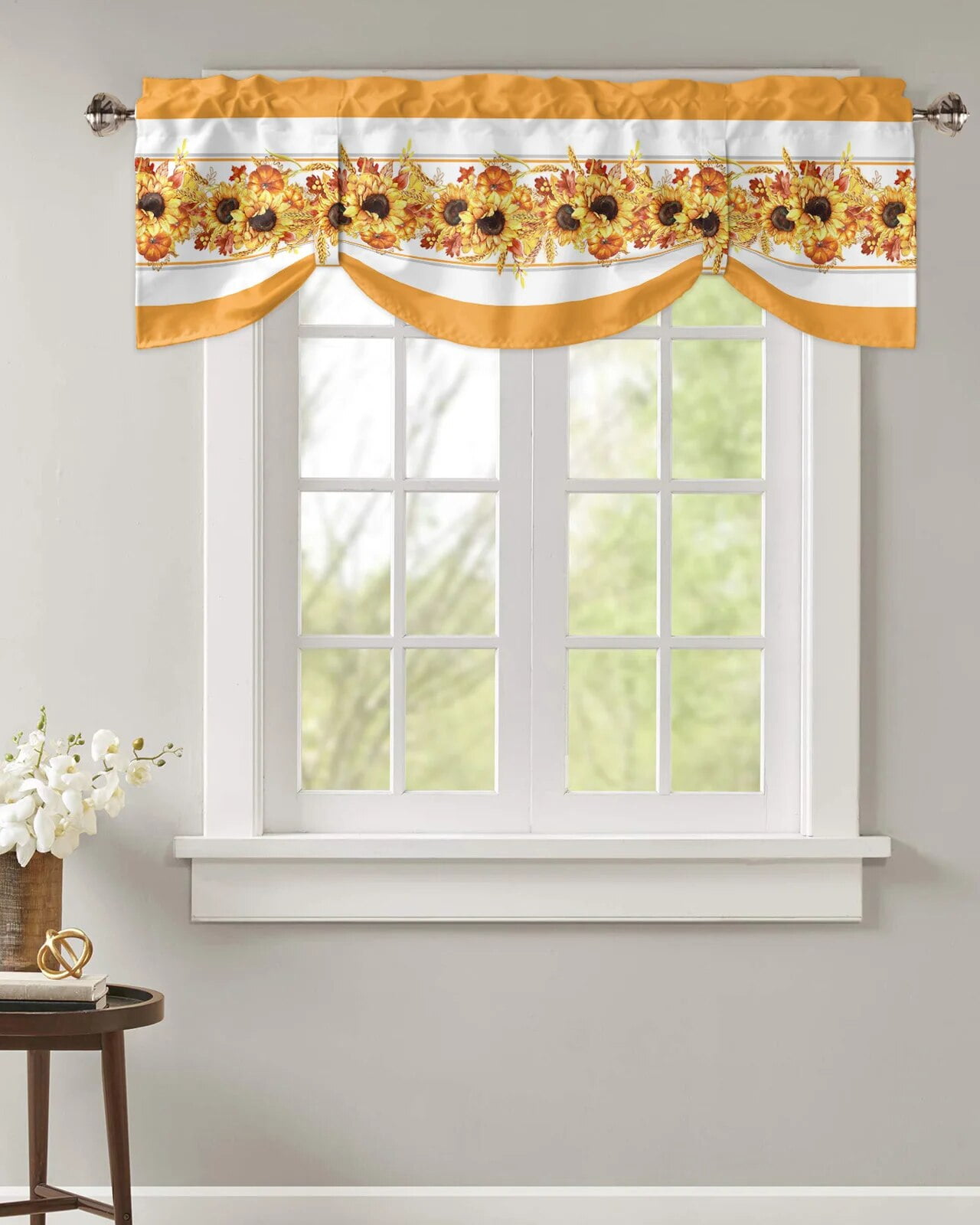 Tie Up Valance for Windows Autumn Sunflower Pumpkin Kitchen Valance ...