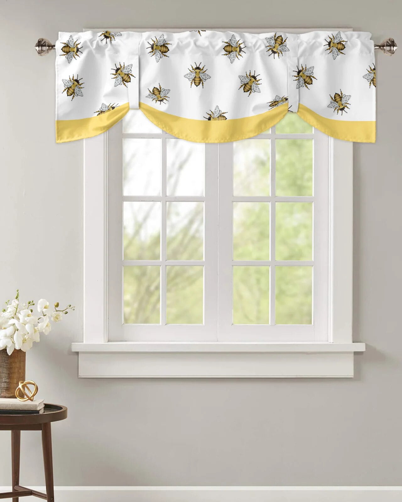 Tie Up Valance for Windows Bee Insect Yellow Small Curtain Rod Pocket ...