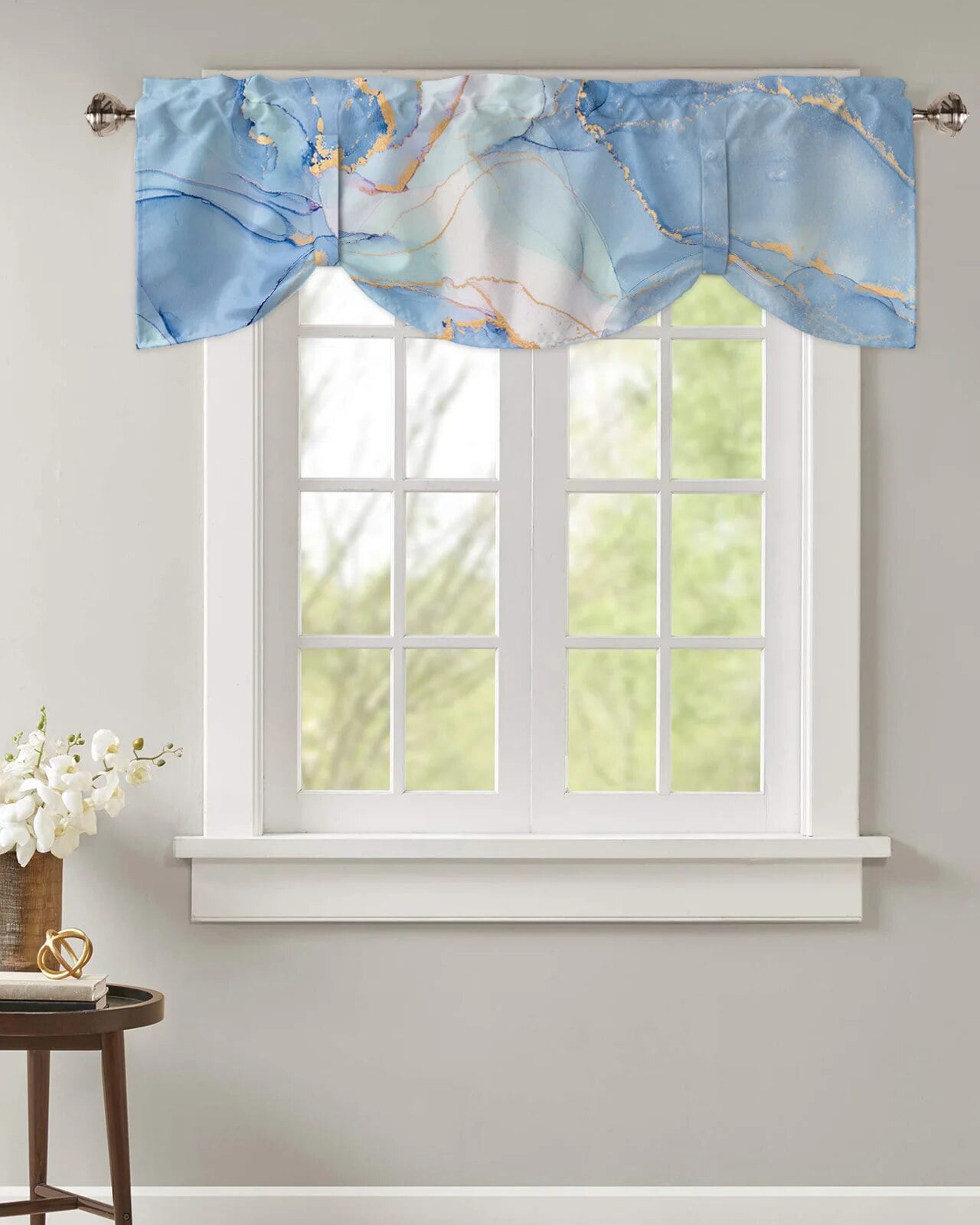 Tie Up Valance for Windows Blue Marble Small Curtain Rod Pocket Short ...