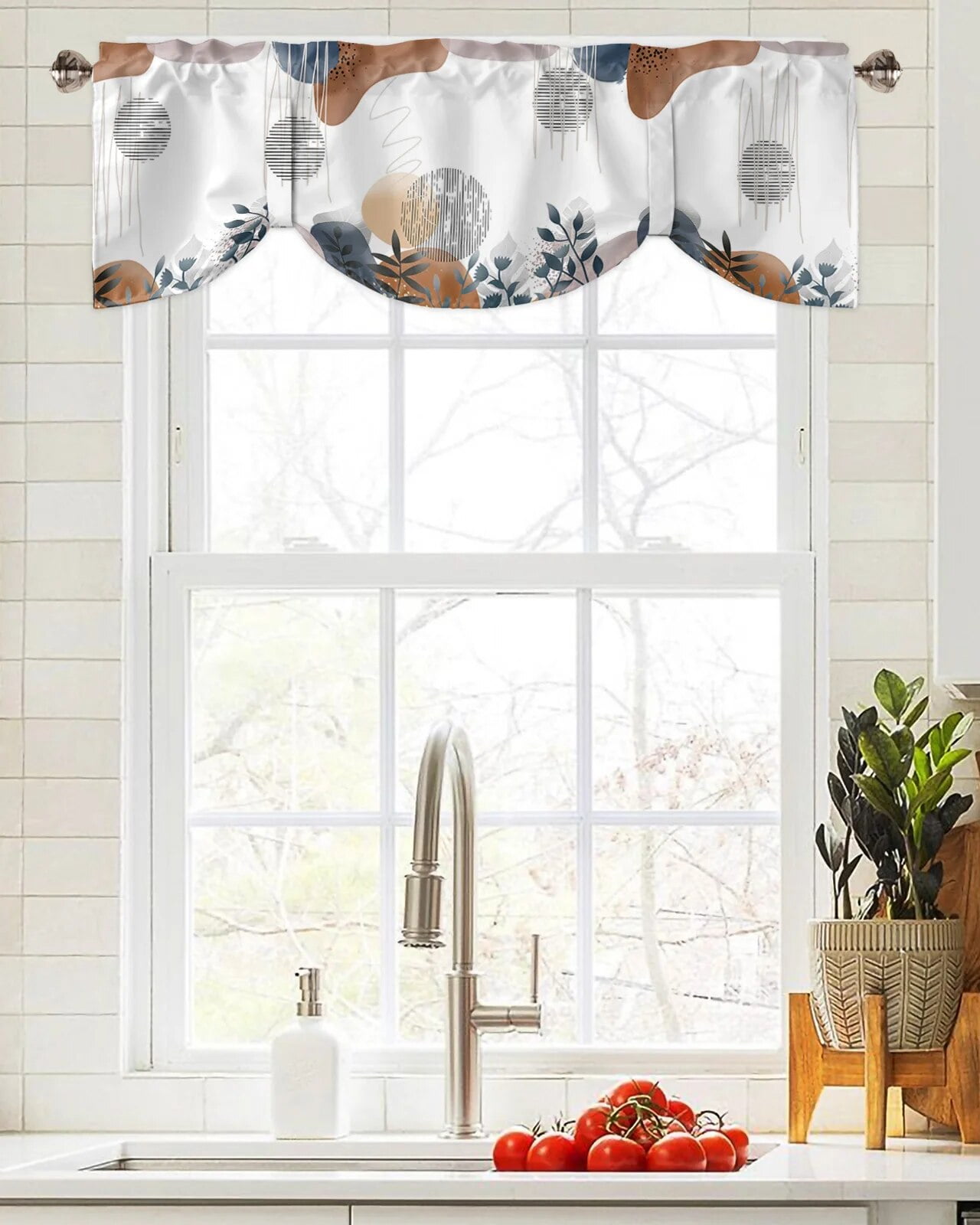 Tie Up Valance for Windows Boho Abstract Leaves Plants Window Curtain ...