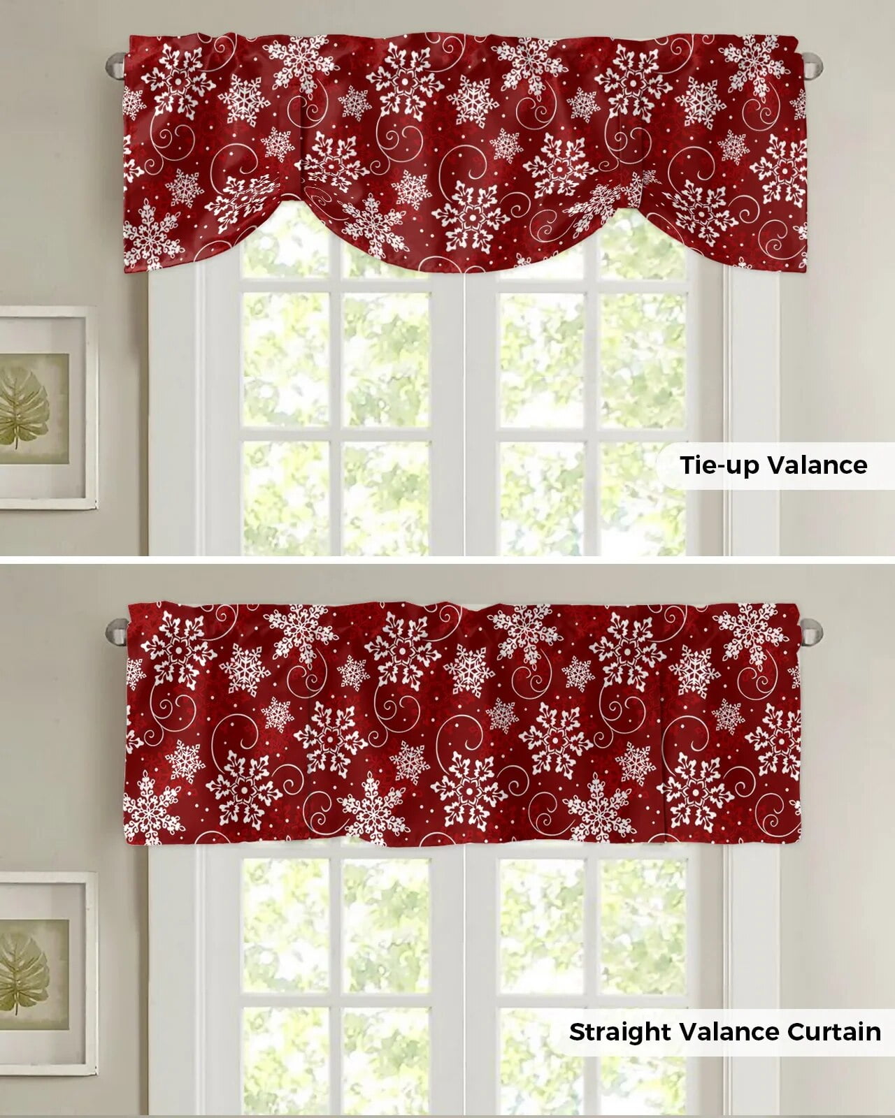 Tie Up Valance for Windows Christmas Snowflake Texture Red Window Curtain for Living Room ...