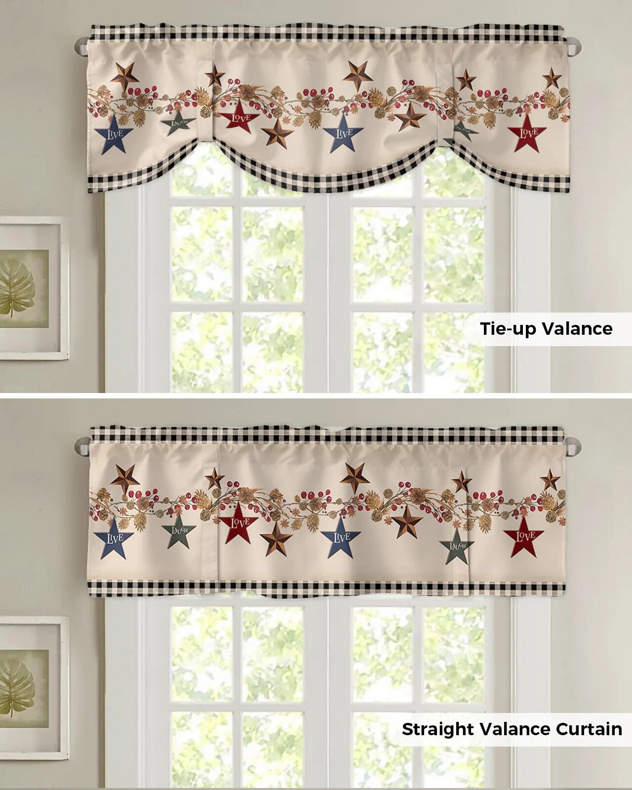 Tie Up Valance for Windows Country Star Berry Retro Red Plaid Window ...