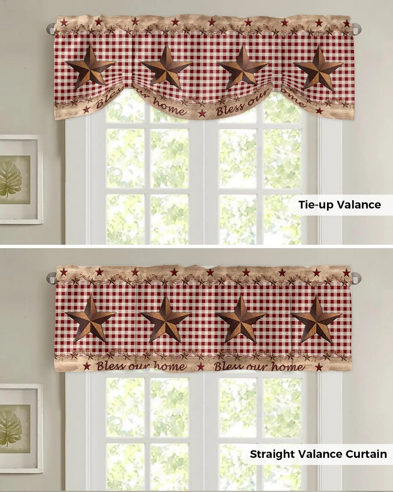 Tie Up Valance for Windows Country Star Berry Retro Red Plaid Window ...
