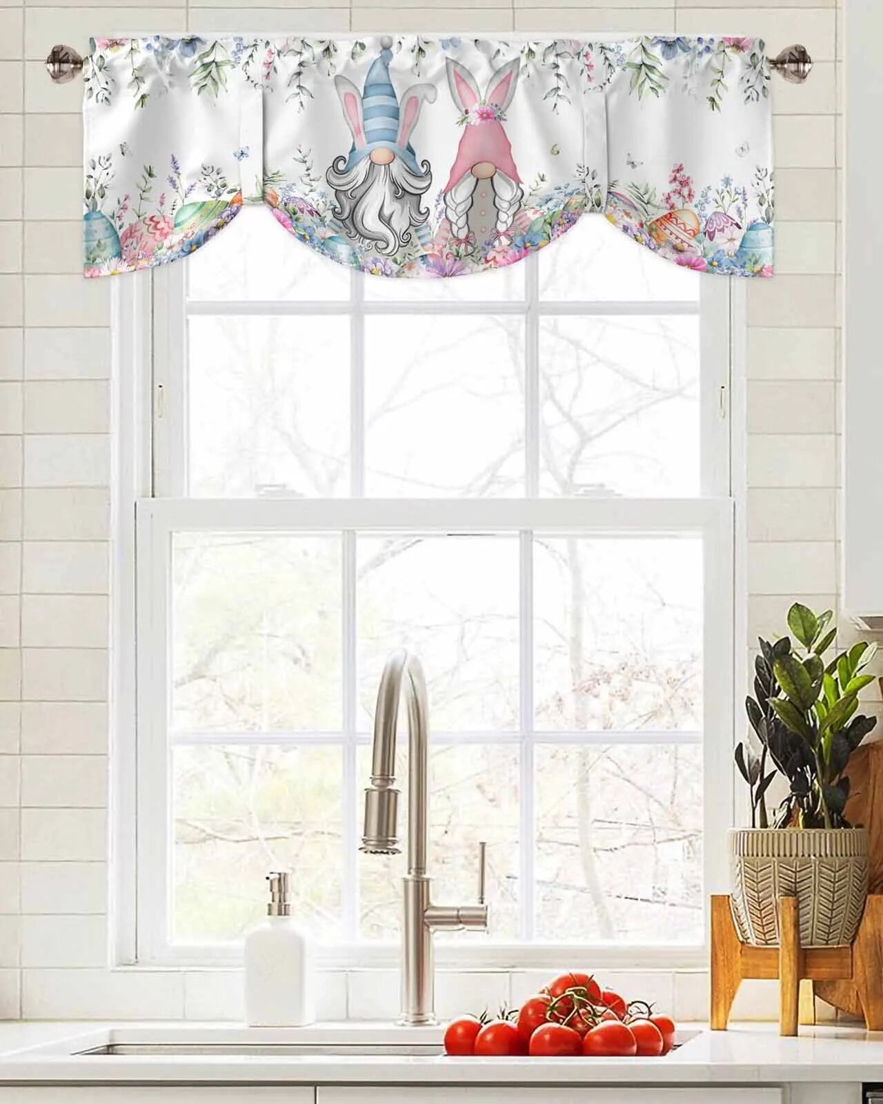 Tie Up Valance for Windows Easter Egg Gnome Spring Flower Short Window ...