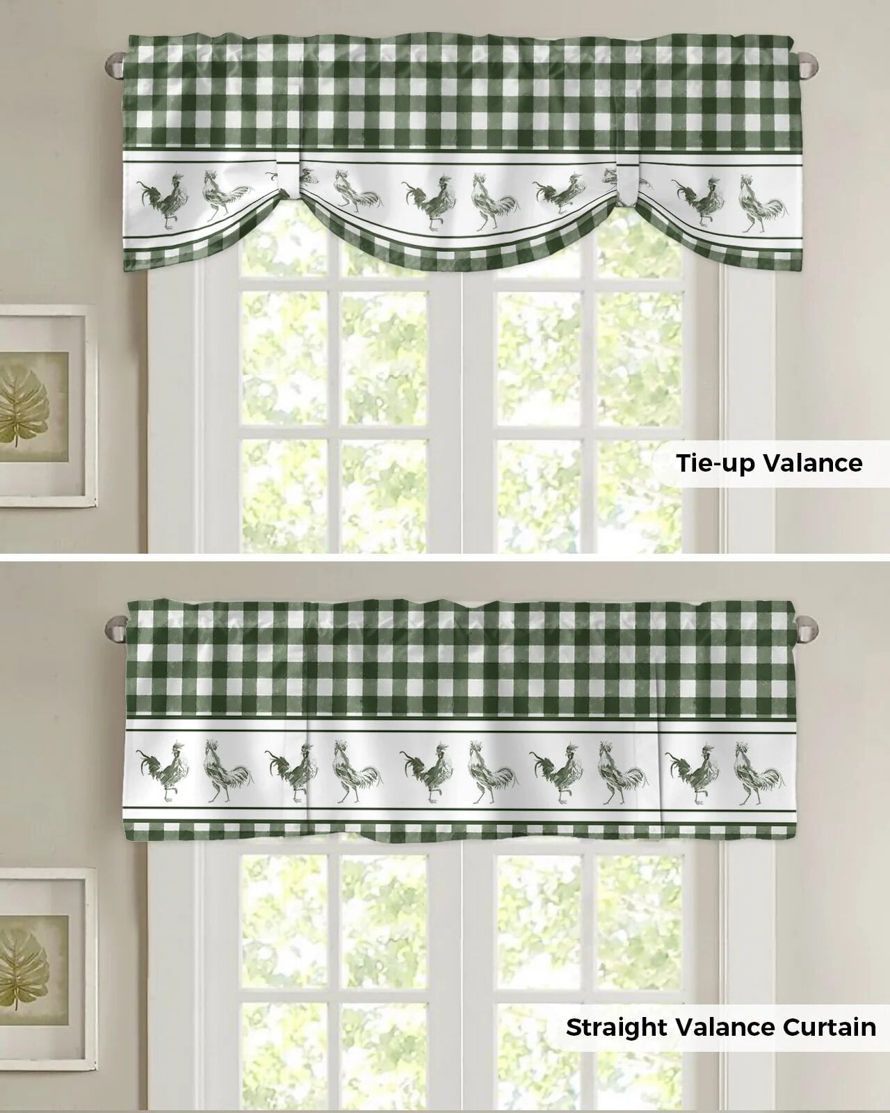 Tie Up Valance for Windows Farm Plaid Rooster Watercolor Retro Short ...
