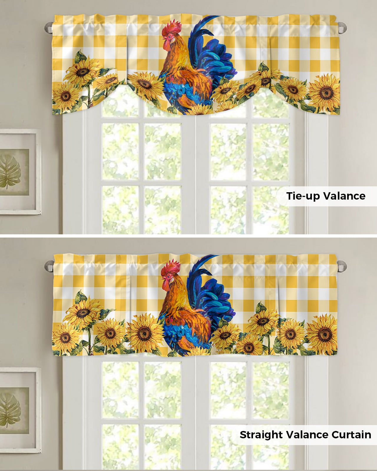 Tie Up Valance for Windows Farm Plaid Rooster Watercolor Retro Short ...