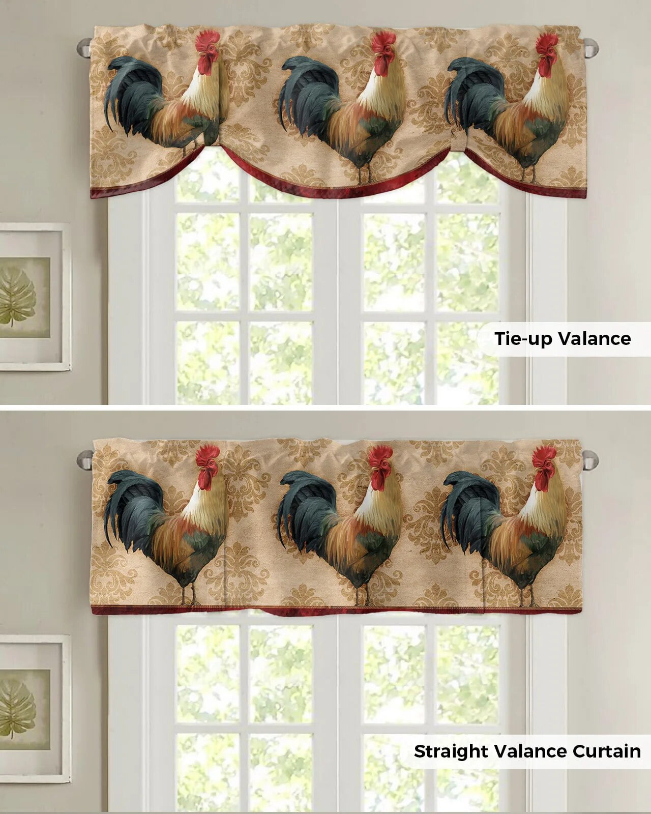 Tie Up Valance for Windows Farm Plaid Rooster Watercolor Retro Short ...